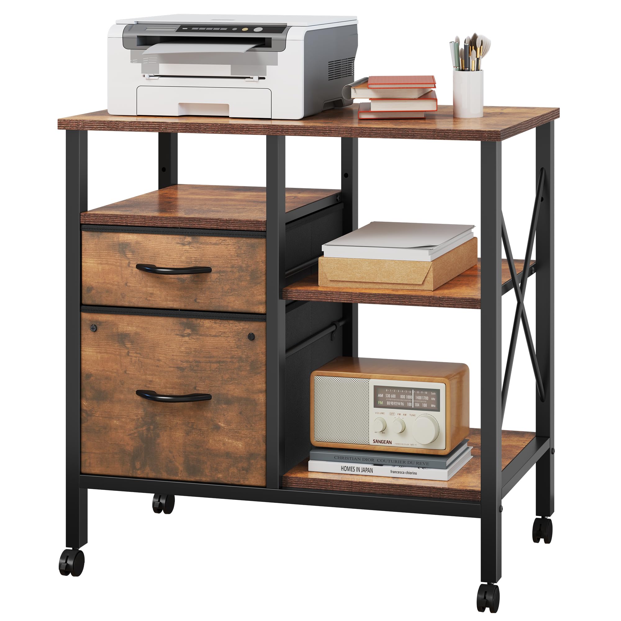 YITAHOME 2 Drawer Mobile File Cabinet, Rolling Printer Stand with Open Storage Shelf, Lateral Fabric Filing Cabinet for Home Office, Fits A4/Letter Size (Brown)