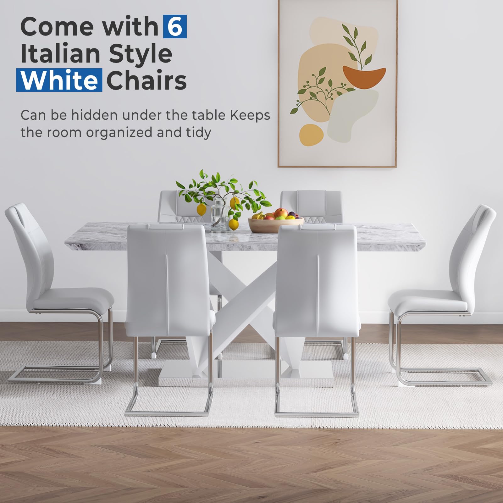 Tatub Modern Dining Table Set for 6, Faux Marble Dining Table with 6 PU Leather Chairs, 70.87" Rectangular Dining Room Table with Grey Marble Tabletop and X Shape Base for Dining Room, Kitchen