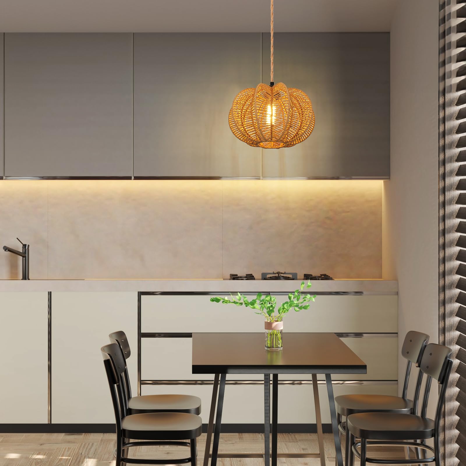 tebio Plug in Pendant Light Rattan Hanging Lights with Plug in Cord 15FT Hemp Rope Cord, Dimmable Switch – Indoor hanging lamps for Boho Living Room Bedroom(Bulb Included) 11 x 7 inch