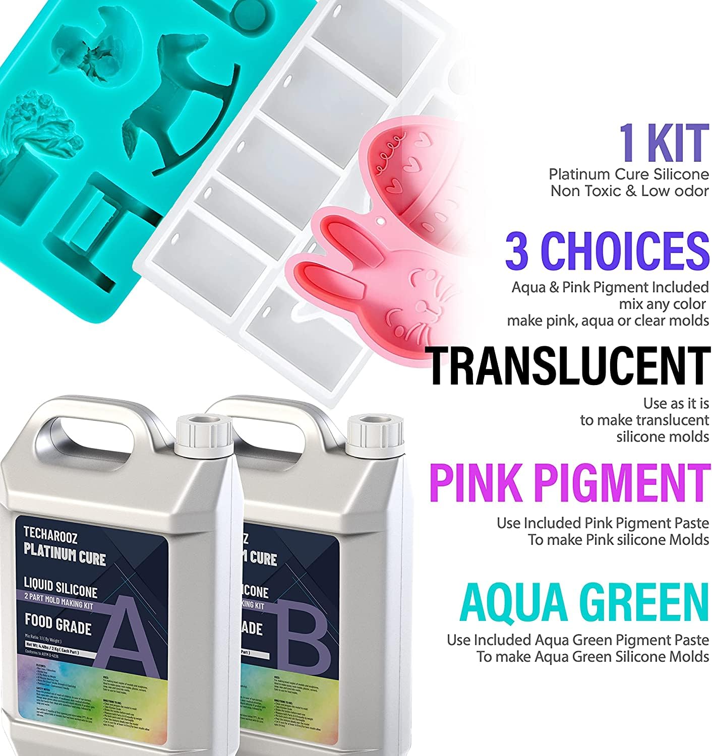 TECHAROOZ Liquid Silicone for Mold Making Kit 140 Oz/1 Gallon/8.8lb - Shore 20A Food Grade - DIY Mold Making Silicone Rubber for Casting Crafy Epoxy Resin, Soaps & Candles Molds (Clear, Aqua and Pink)
