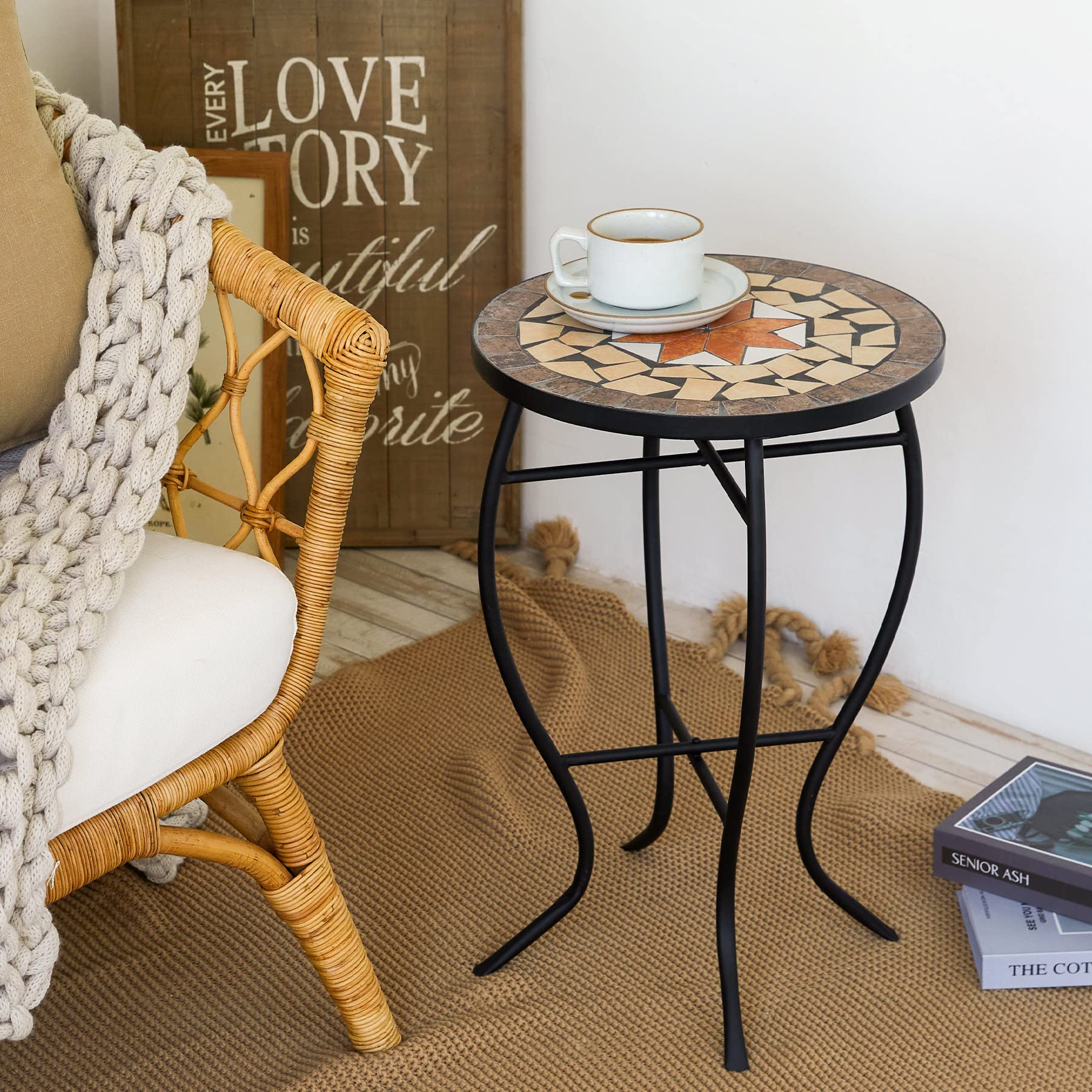 VONLUCE 21" Round End Table with 14" Ceramic Tile Top, Indoor & Outdoor Accent Table, Maple + French Vintage Foot Stool with Rustic Wood Legs and Padded Seat