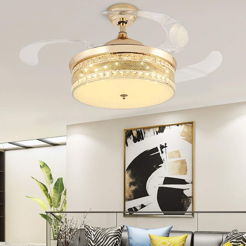 US DELIVER 42" Crystal Ceiling Fan Chandelier Retractable Blade Ceiling Fan with Light Dimmable Ceiling Fan Lamp Fandelier with Remote Control 3-Color 3-Speed 2 Down Rod (Golden)