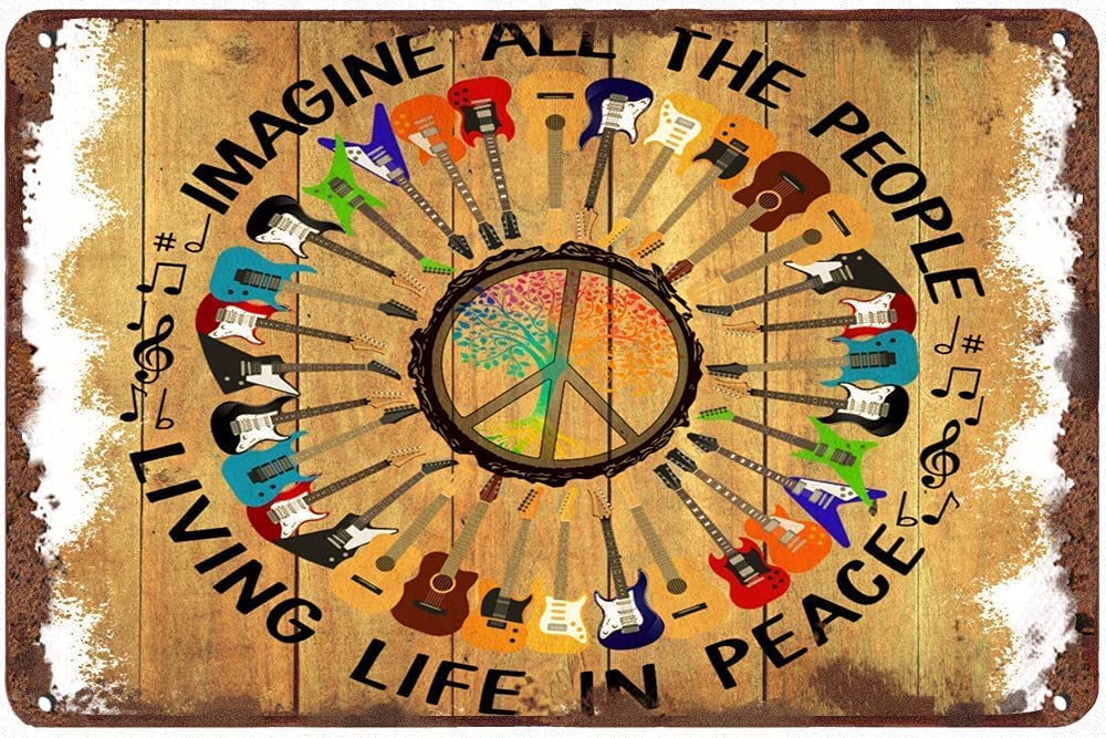 UNBARD Retro Tin Sign Vintage Imagine All People Living Life in Peace, Vintage Rock Kitchen Decor Summer Decor Funny Wall Decor for Home Cafes Office Store Pubs Club Plaque Tin Sign 12 X 8 INCH