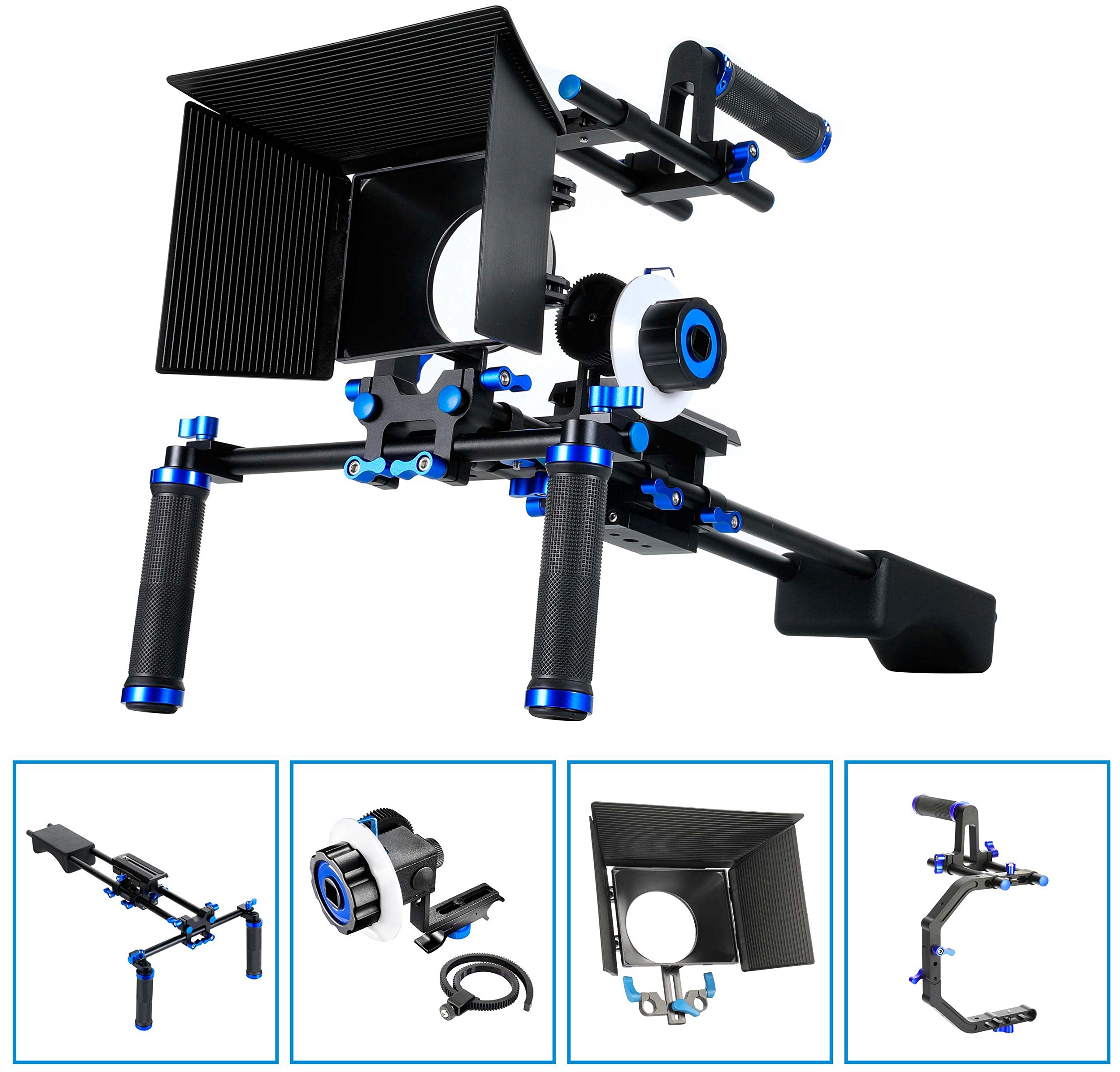 SunSmart Pro DSLR Rig Video Camera Shoulder Mount Kit Including DSLR Rig Shoulder Support, Follow Focus F0, Matte Box M1, Adjustable Platform, Top Handle and C-Shape Support Cage