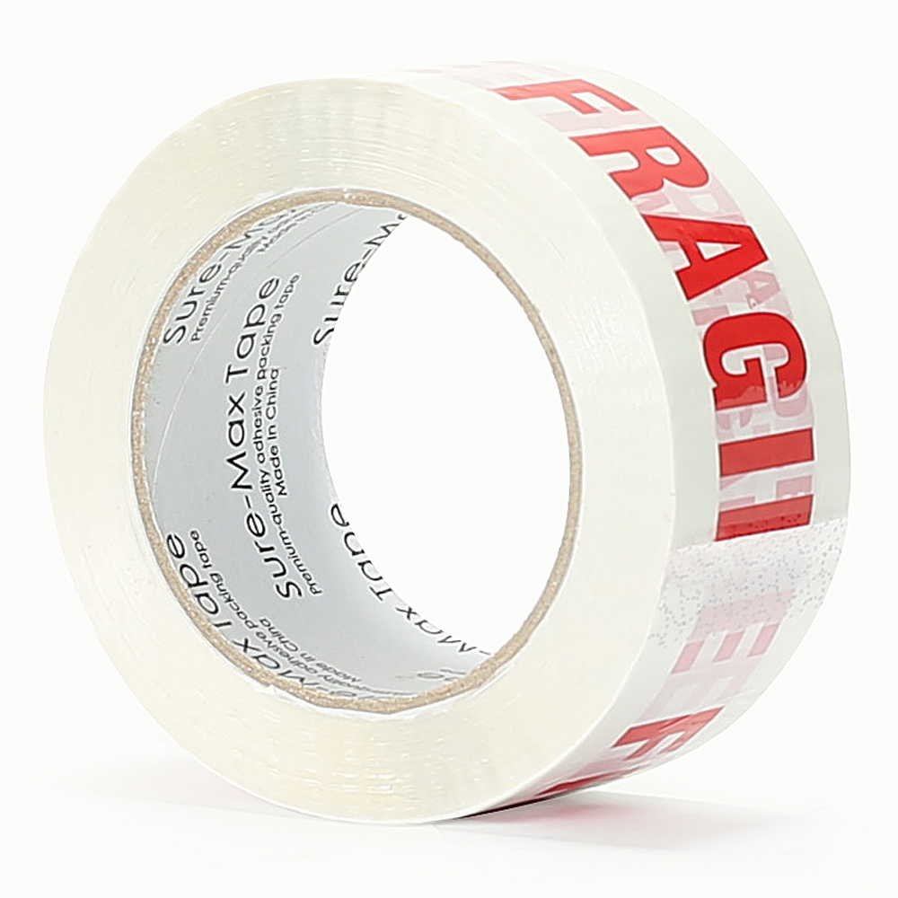 Sure-Max 36 Rolls (Case) "Fragile - Handle with Care" Printed Warning Tape (2" x 110 yard/330' Each) for Packing & Shipping Glass - White & Red