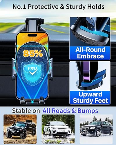 YRU [2024 Upgraded] Universal Car Phone Holder Mount【 360° Rotatable &Strong Suction】 Cell Phone Holder for Car Dashboard Windshield Phone Holder Dash Stand for iPhone 15 14 13 Samsung Truck, Black