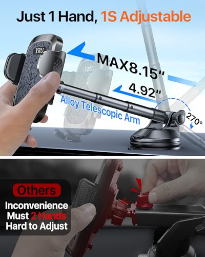 YRU True Military-Grade Car Phone Holder [2024 Upgraded Rotatable Strongest Suction Cup] Cell Phone Mount for Dashboard Windshield Truck Cradle Dash Stand for iPhone 15 14 13 12 Pro Max, Black