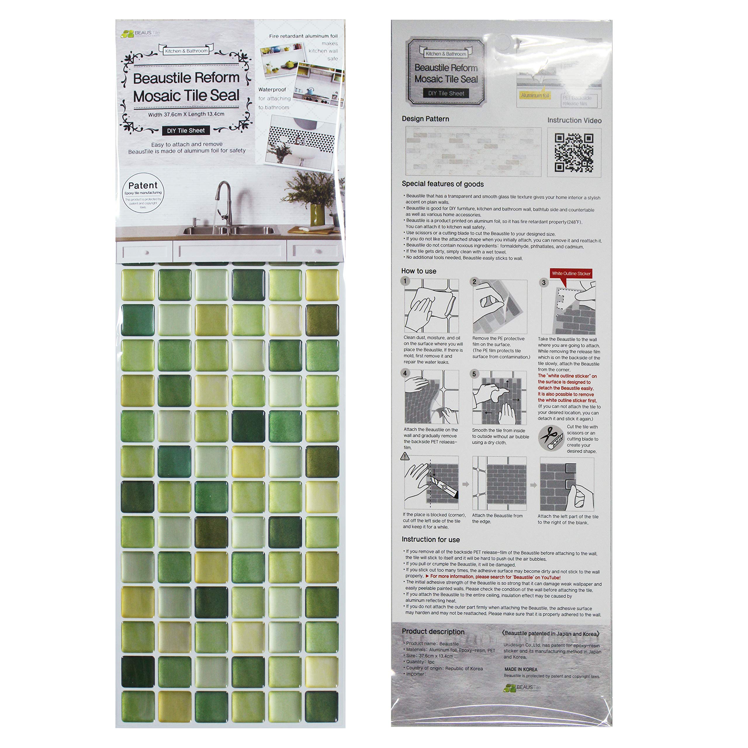 Unidesign Beaustile Peel and Stick Backsplash 3D Mosaic Tile Sticker (N.Green) (2, 5.28" x 14.8")