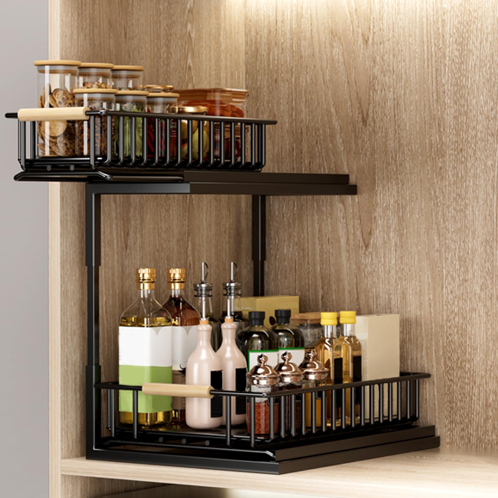 YZHDUXIU 2-Tier Sliding Under Sink Organizers and Storage, Rustproof Metal Pull Out Cabinet Organizer with Wooden Handle, Multi-Use Under Sink Storage for Kitchen Bathroom