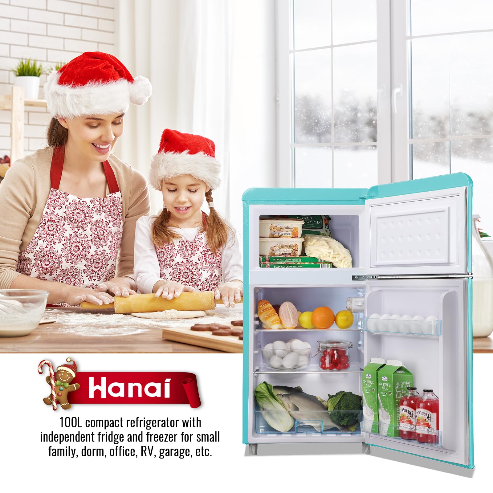 WANAI 3.5 Cu.ft Compact Refrigerators Mini Fridge with Freezer Blue Small Fridge Dual Door Classic Retro Refrigerator Removable Glass Shelves Adjustable Thermostat for Home Office Dorm RV