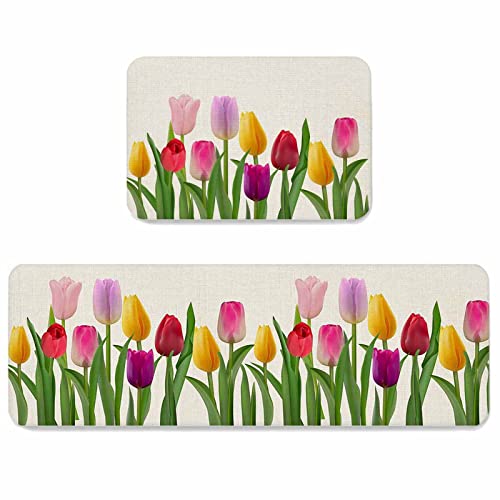 ZOE GARDEN 2 Pcs Kitchen Rug Set, Retro Spring Flower Non-Slip Kitchen Mats and Rugs Comfort Floor Door Mat Doormat, Tulip Floral Red Purple Yellow Throw Bath Runner Rug Mat