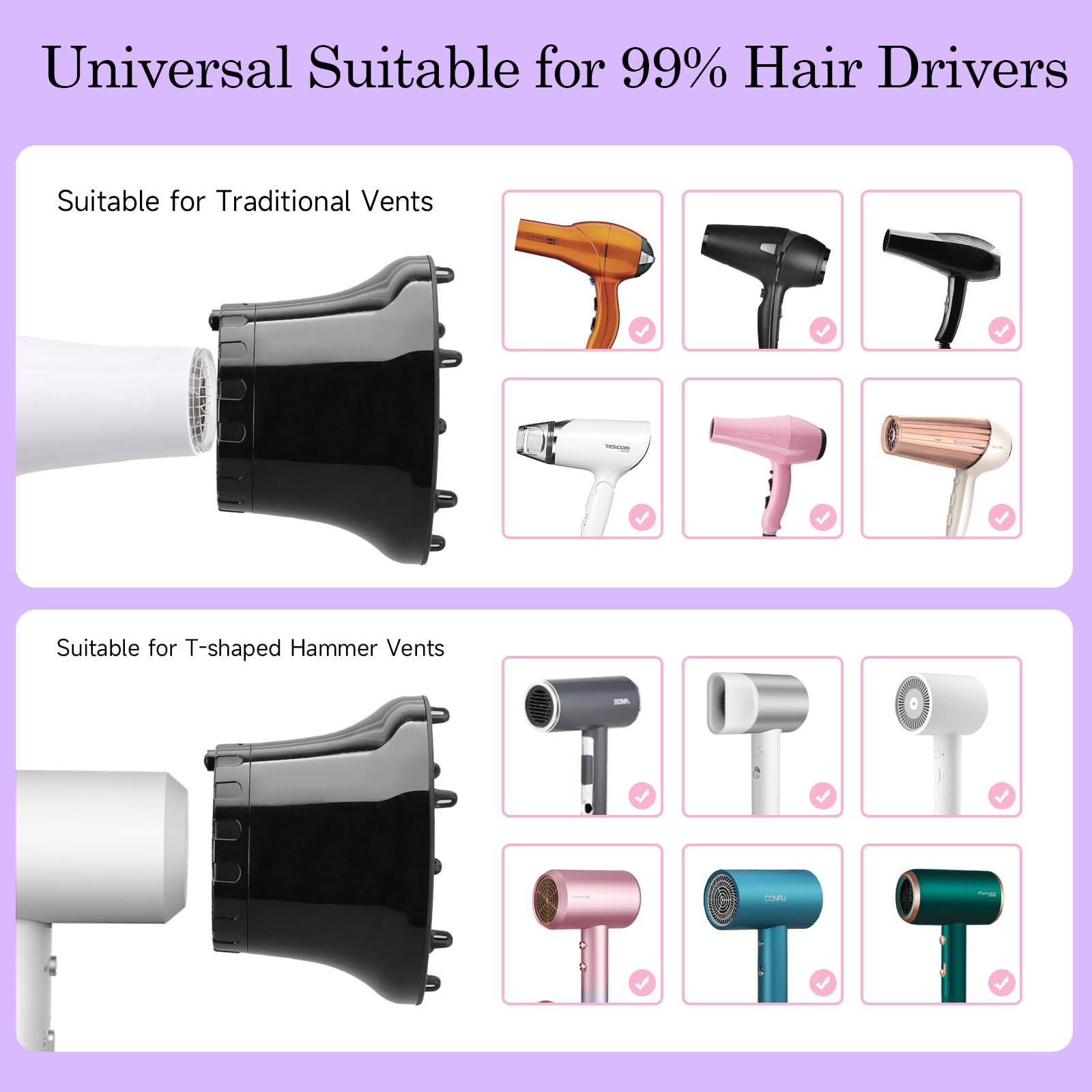 Universal Hair Diffuser, Diffuser Attachment for Hair Dryer, Hair Dryer Diffuser Attachment for Curly and Natural Wavy Hair Blow Dryer Diffuser for 1.4 Inch to 2.6 Inch Blow Hair Dryer