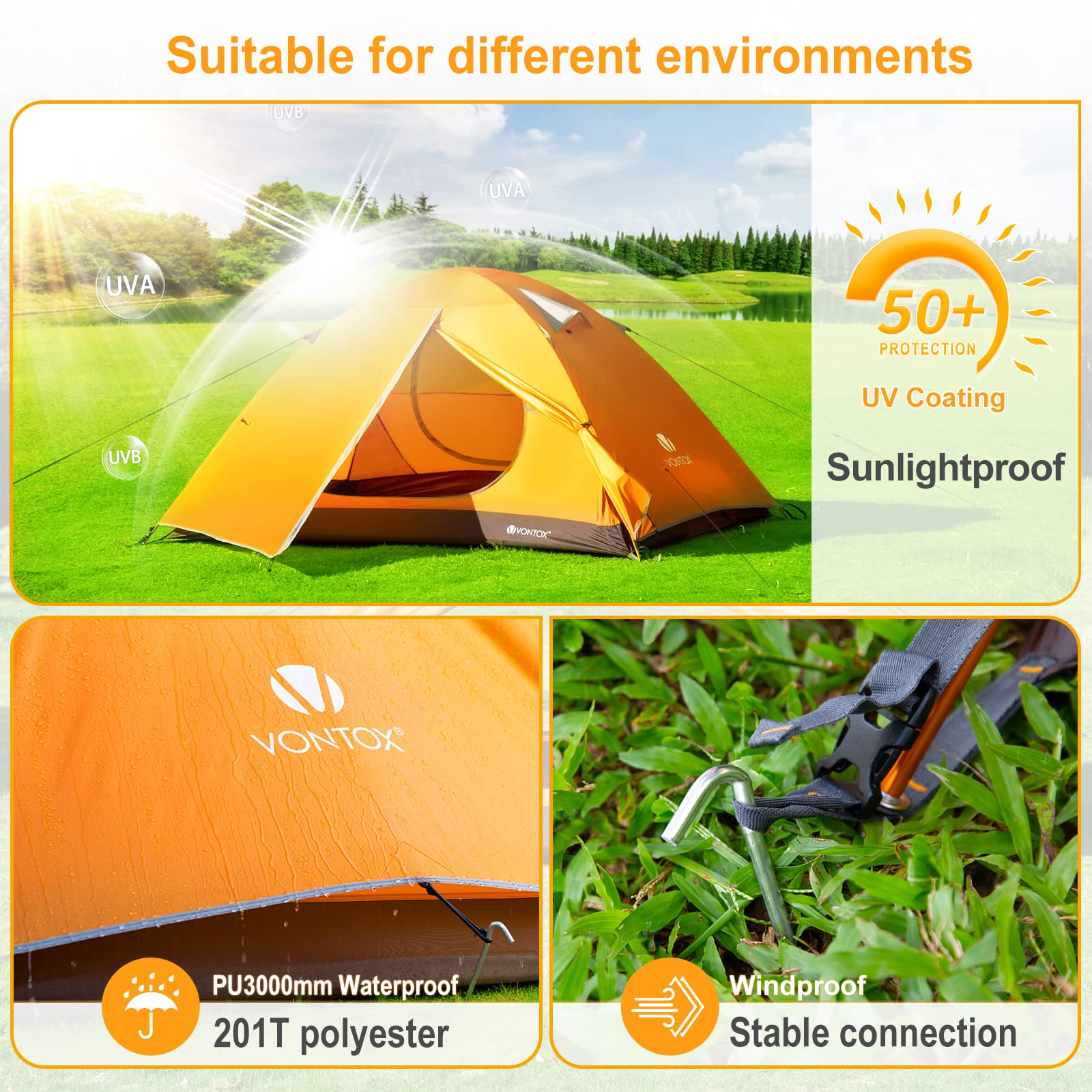 V VONTOX 2-3 Person Ultralight Backpacking Tent, Orange, Waterproof, Windproof, 86.6 x 48.4 in, 31 sqm