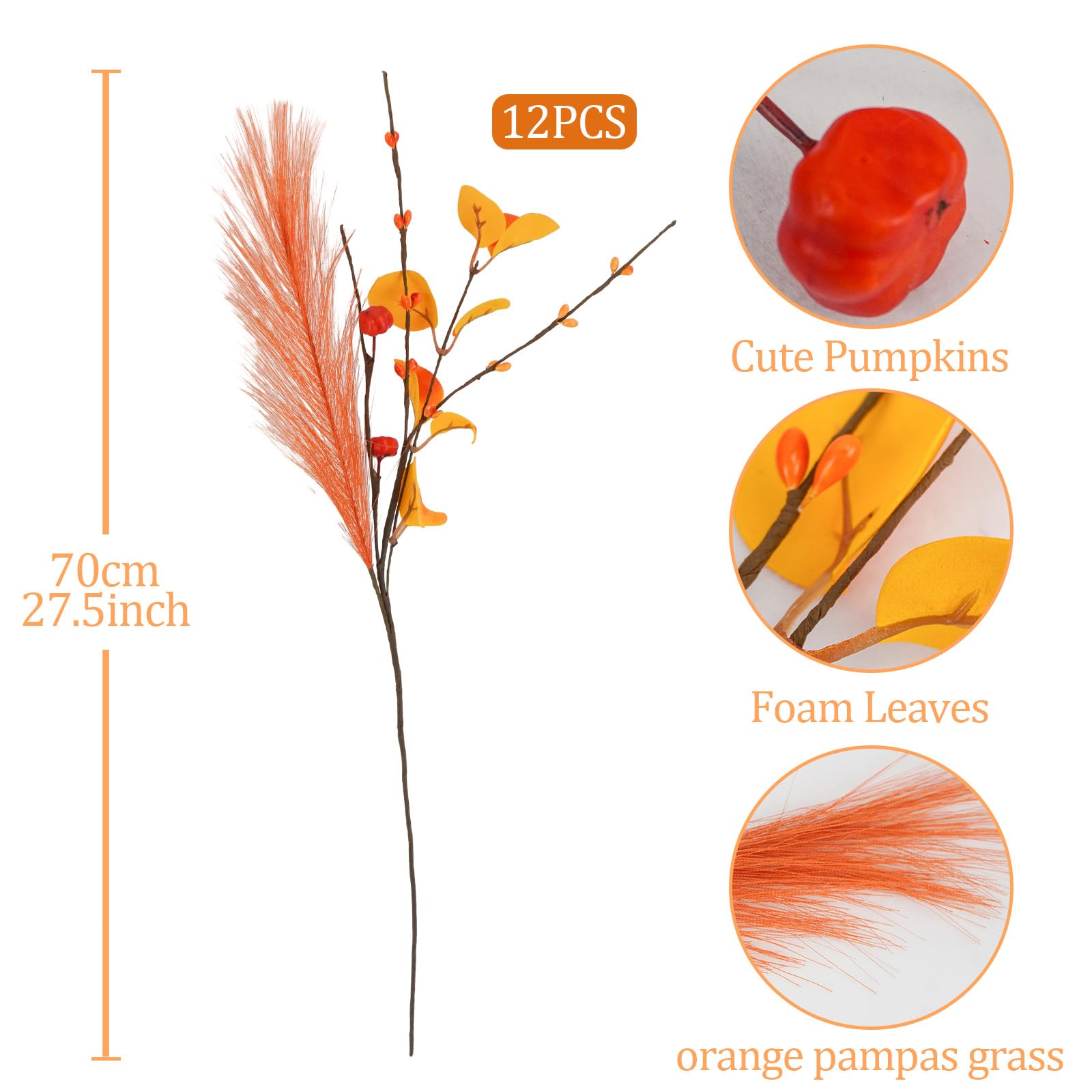 unlemoni 12Pcs 27.5" Artificial Fall Flowers Bouquets with Burnt Orange Pampas Grass & Berry Pumpkin & Fall Eucalyptus Leaves Stems, Fall Centerpieces for Tables Wedding Autumn Thanksgiving Decor