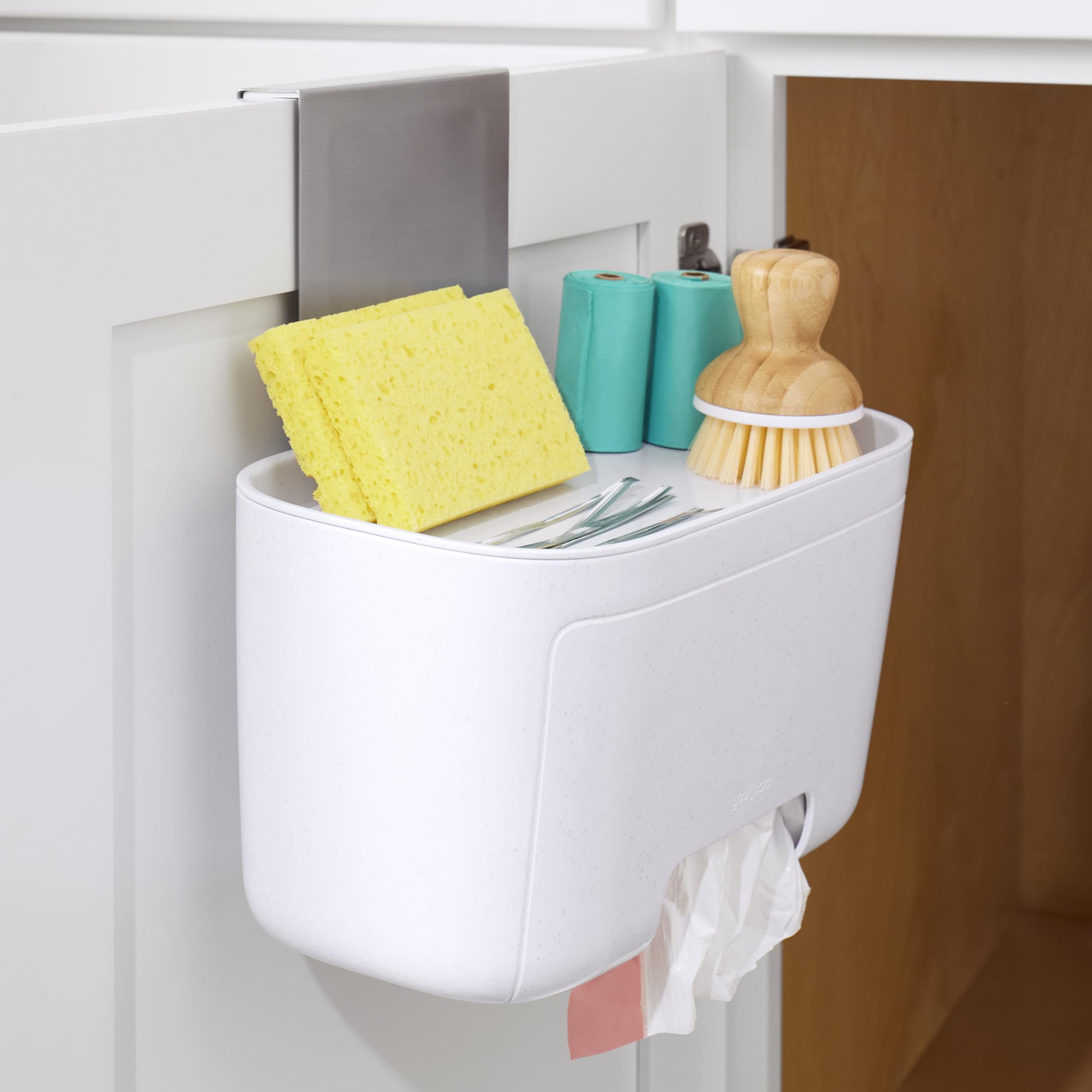 YouCopia DoorStash Garbage Bag Dispenser, Hanging Kitchen Cabinet Door Organizer with Removable Lid for Storage, Speckled White