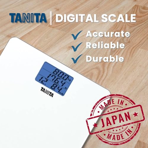 Tanita HD-384 Digital Weight Scale - 440 lbs Capacity Japan Technology Multi-Unit Display LBS, KG, Stone - Step On to Activate Bathroom Scale - with Blue Backlit LCD Display & Tempered Glass (White)