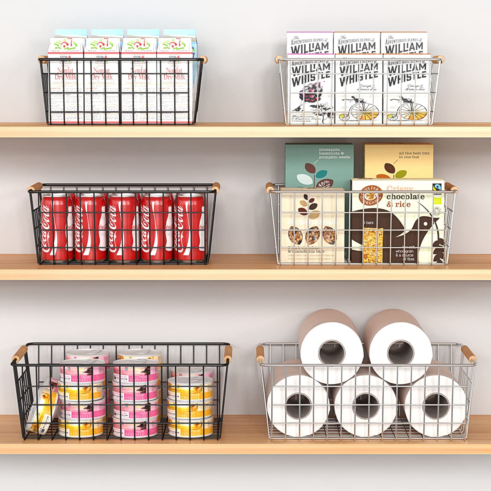 YOUVIP Wire Storage Baskets with Wooden Handles, 3 Pack Metal Organizer Baskets for Kitchen, Pantry, Freezer, Laundry,Farmhouse,Bathroom Baskets for Organizing,Black (1 Small, 1 Medium, 1 Large)