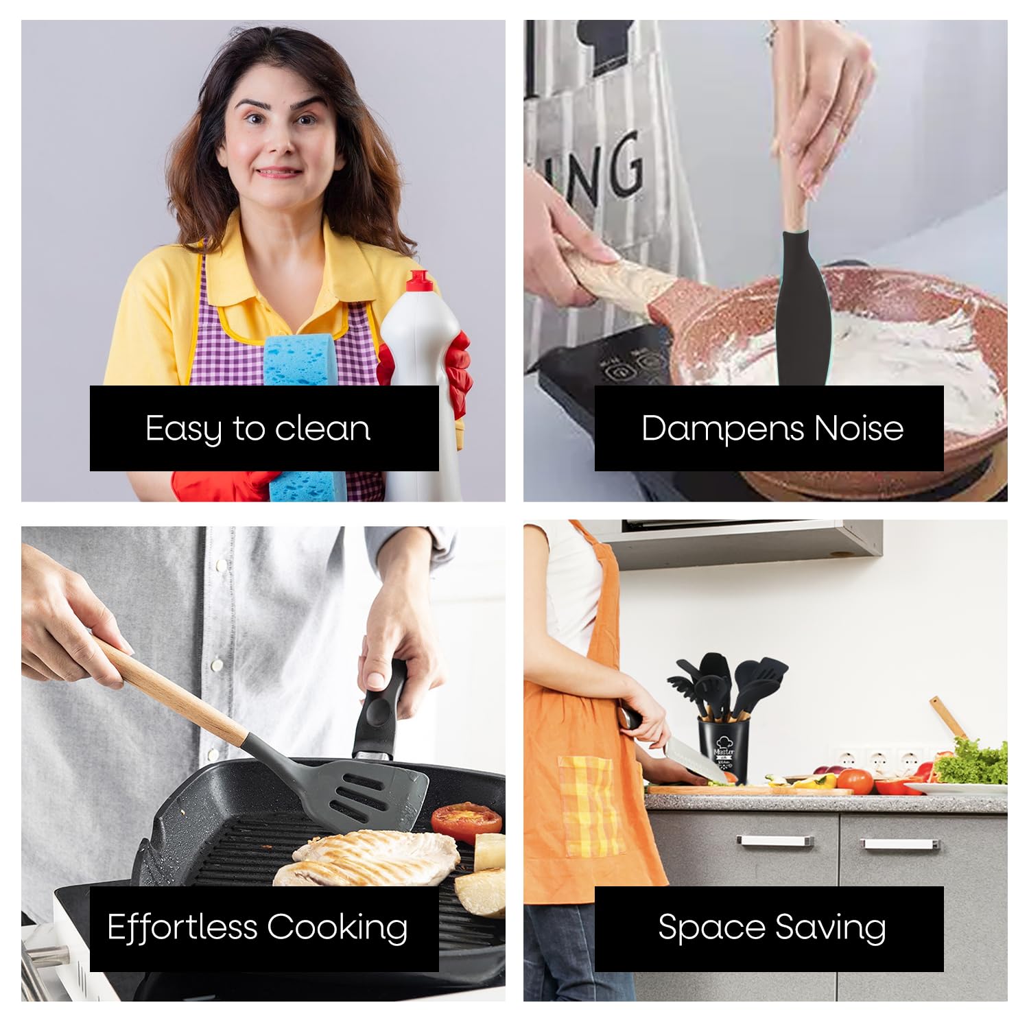 Silicone Cooking Set, 12 pcs Kitchen Utensils Set, Wooden Handle, Bucket Storage, High-Temperature Resistance, Scratch-Free, Cooking Spoons for Nonstick, Best Kitchen Tools, 1st Apartment Kitchen