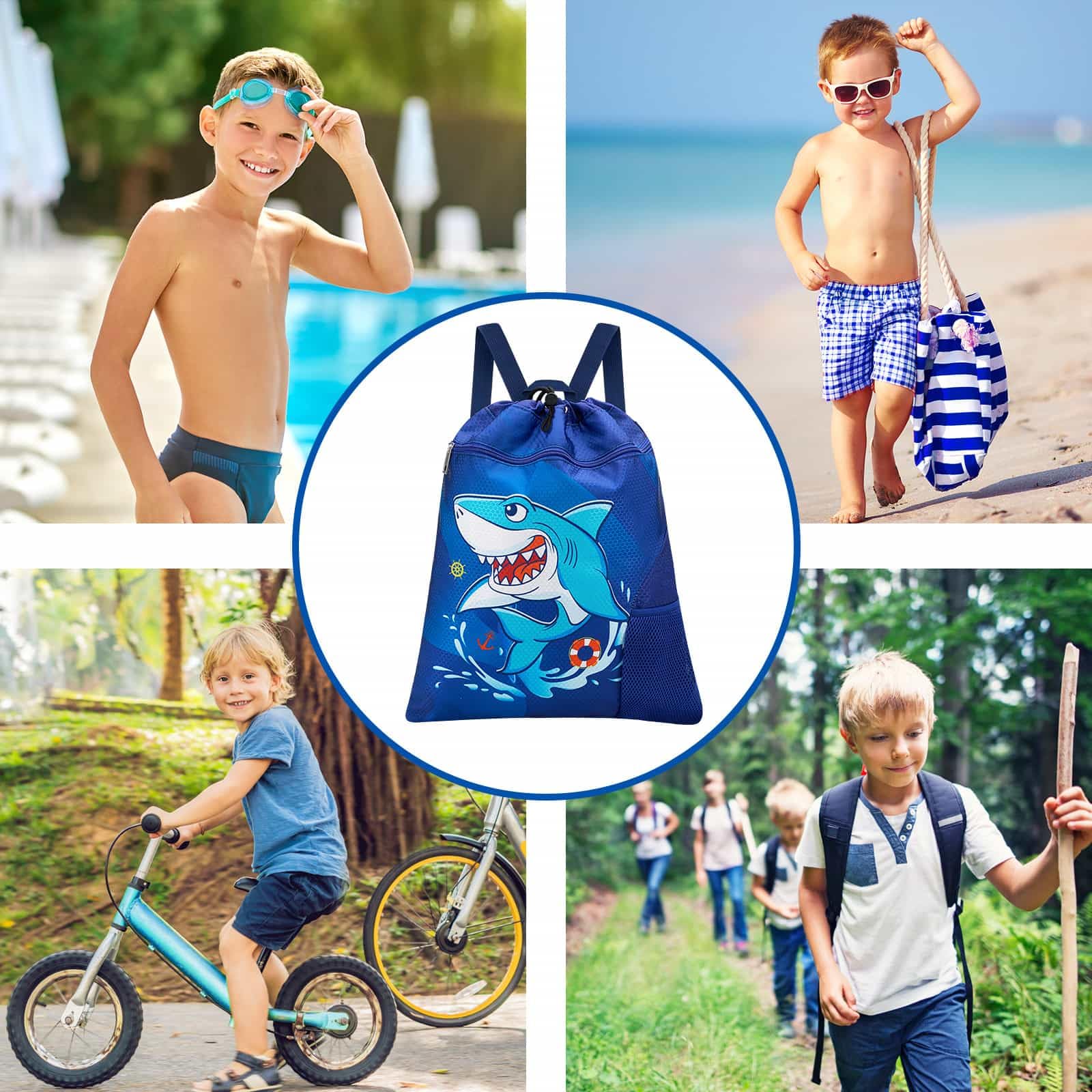 WAWSAM Shark Gym Drawstring Backpack - 15β x 17β Sports Gym Bag Drawstring Bag for Boys Kids Waterproof String Backpack for Beach Swim Travel Yoga Gift with Zipper Pocket and Water Bottle Pocket