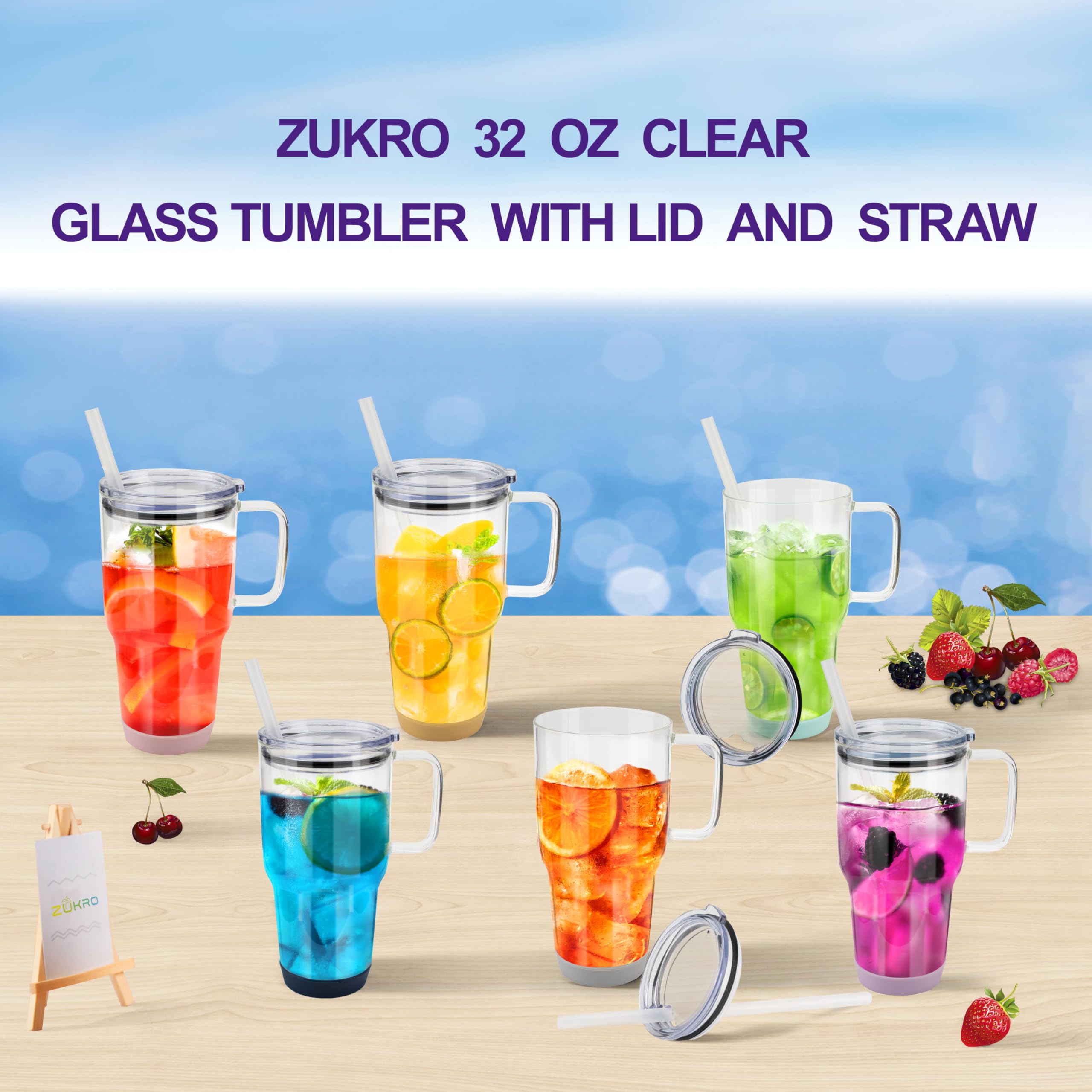 Zukro 32 oz Drinking Glass Tumbler with Handle, Iced Coffee Cup with Straw and Lid, Reusable Glass Bubble Tea Water Cup With Silicone Bumper, Fits In Cup Holder, Dishwasher Safe, BPA Free, Watermelon