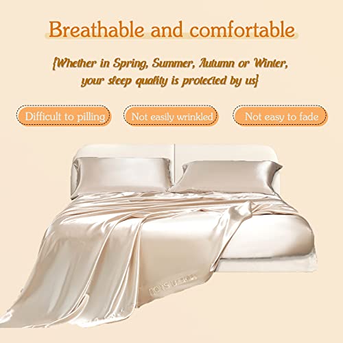YUEZAISHOU Khaki Satin Sheets Full - 4pcs Silk Bed Sheets Full Hotel Luxury Extra Soft Silky Bedding Set -15" Deep Pocket Fitted Sheet & Flat Sheet & 2 Pillowcases - Wrinkle, Fade, Stain Resistant
