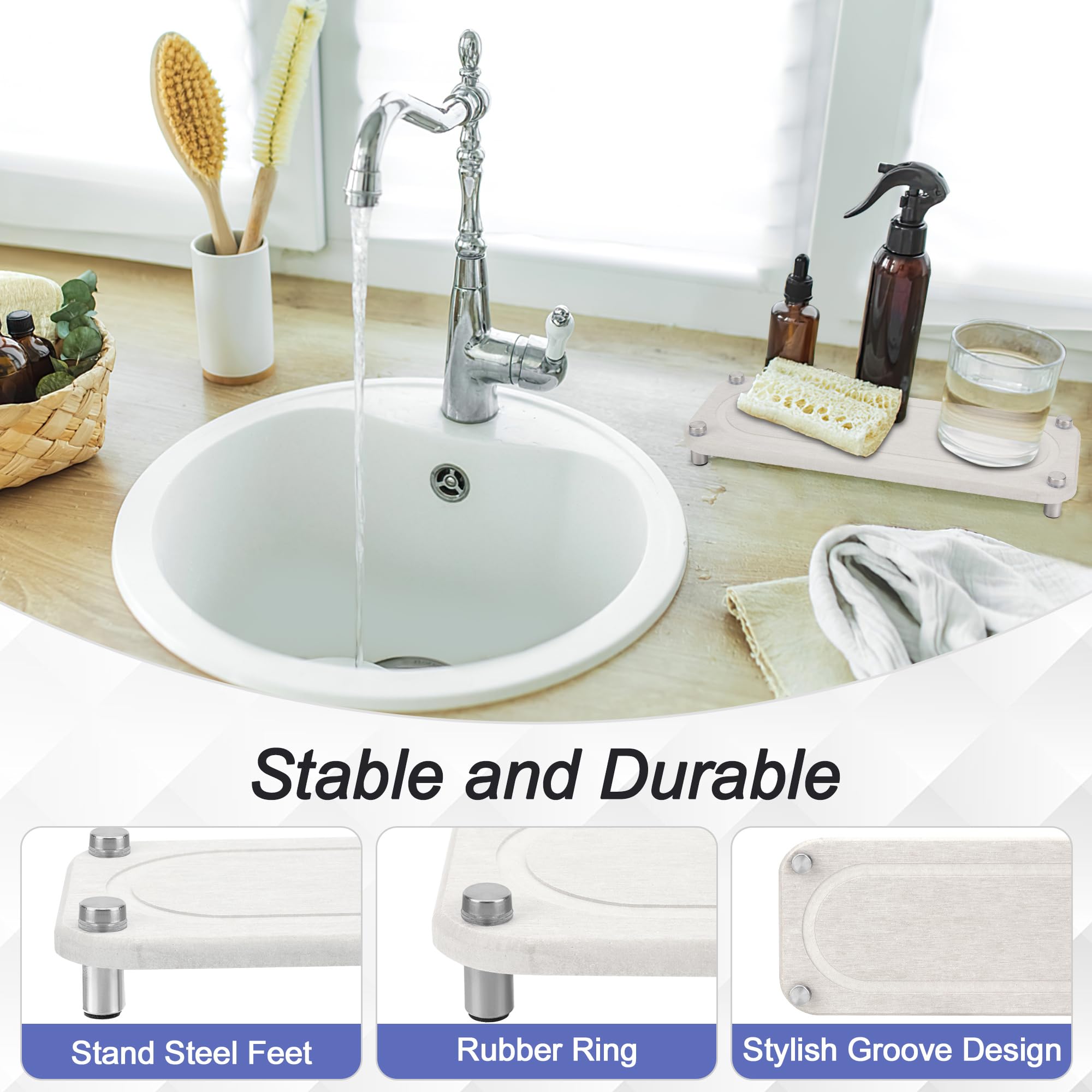 Yukee 2PCS Diatomaceous Earth Instant Dry Sink Organizer Bathroom Kitchen Counter Fast Water Absorbing Stone Sink Caddy Tray Sponge Soap Bottle Storage Shelf Holder Rack