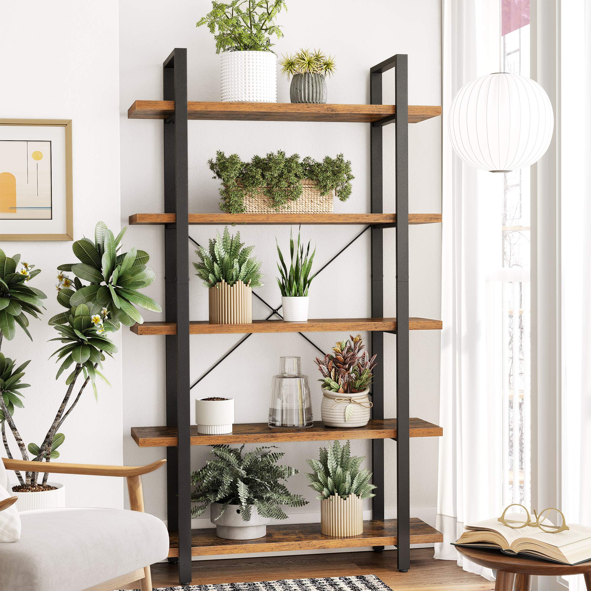 VASAGLE Industrial Bookshelf, 5-Tier Bookcase, Display Rack, Stable Ladder Shelf, Easy Assembly, Living Room, Bedroom, Office, Rustic Brown and Black ULLS55BX
