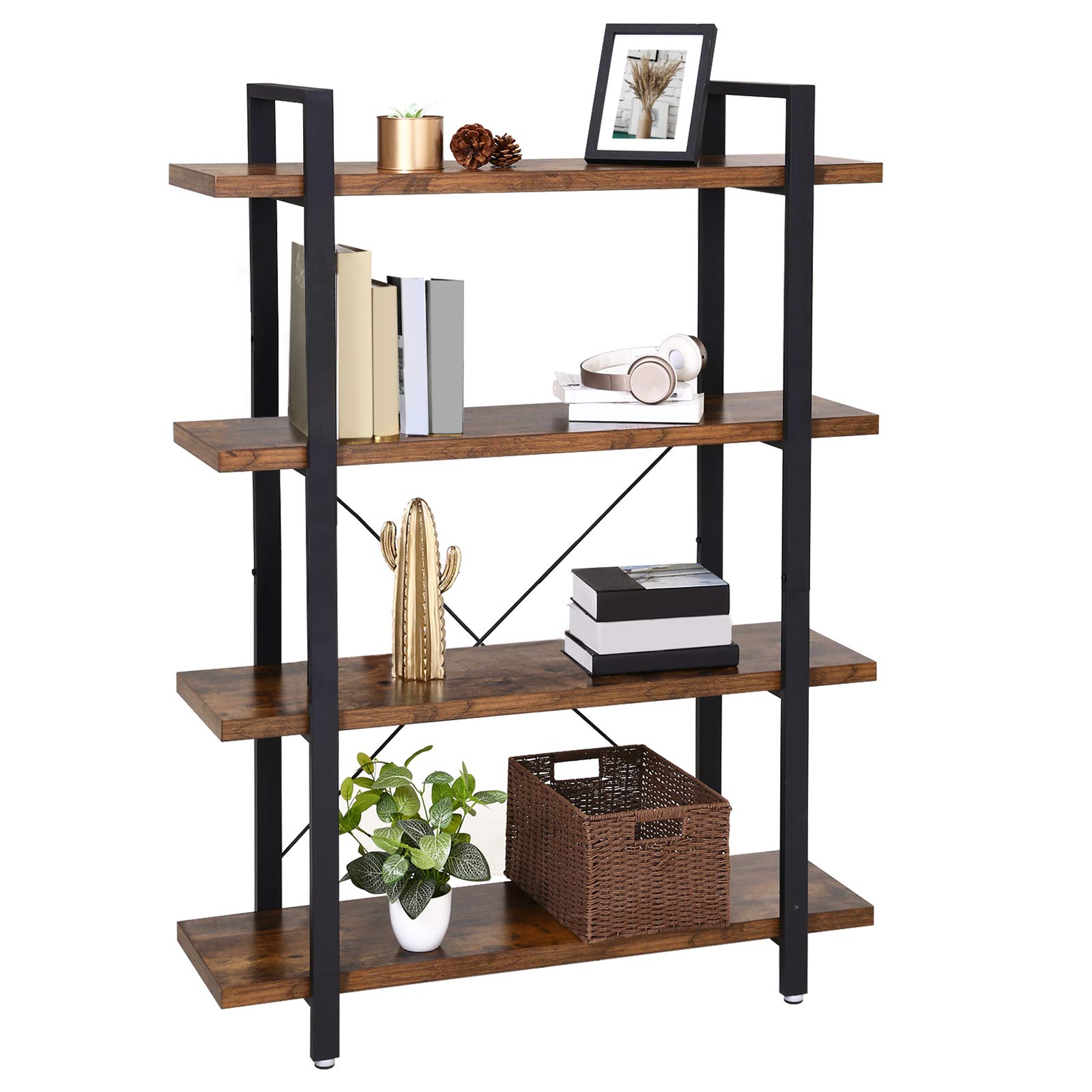 VASAGLE Industrial Bookshelf, 4-Layer Stable Bookcase, Storage Rack, Standing Shelf, Easy Assembly, Living Room, Bedroom, Office, Rustic Brown ULLS54BX, "41.3""l x 13.2""w x 54.3""h"