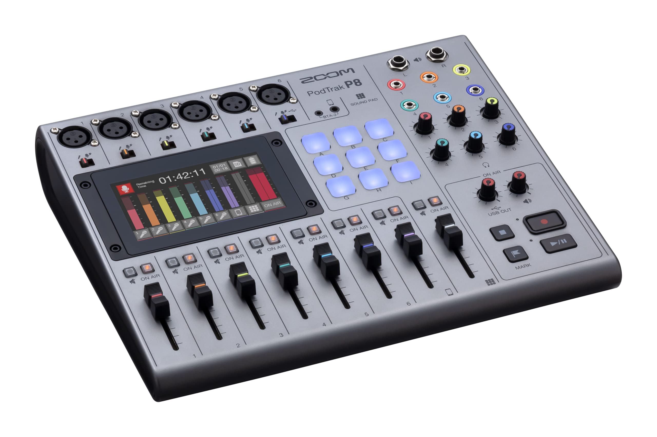 Zoom PodTrak P8 Podcast Recorder, 6 Microphone Inputs, 6 Headphone Outputs, Phone Input, Sound Pads, Onboard Editing, Record to SD card, USB Audio Interface, Battery Powered