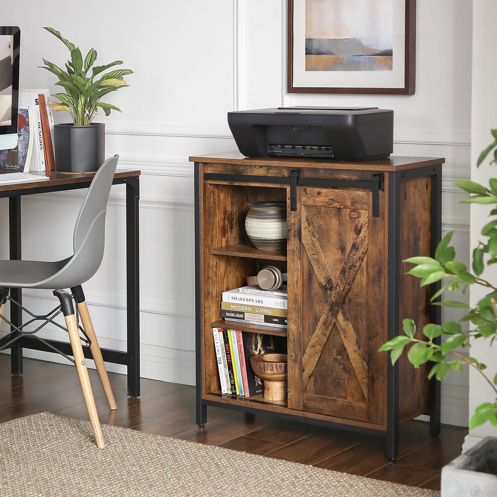 VASAGLE Storage Cabinet Cupboard, Multipurpose Cabinet with Adjustable Shelves, Sliding Door, Steel Frame, for Kitchen, Living Room, Entryway, Industrial, Rustic Brown and Black ULSC88BX