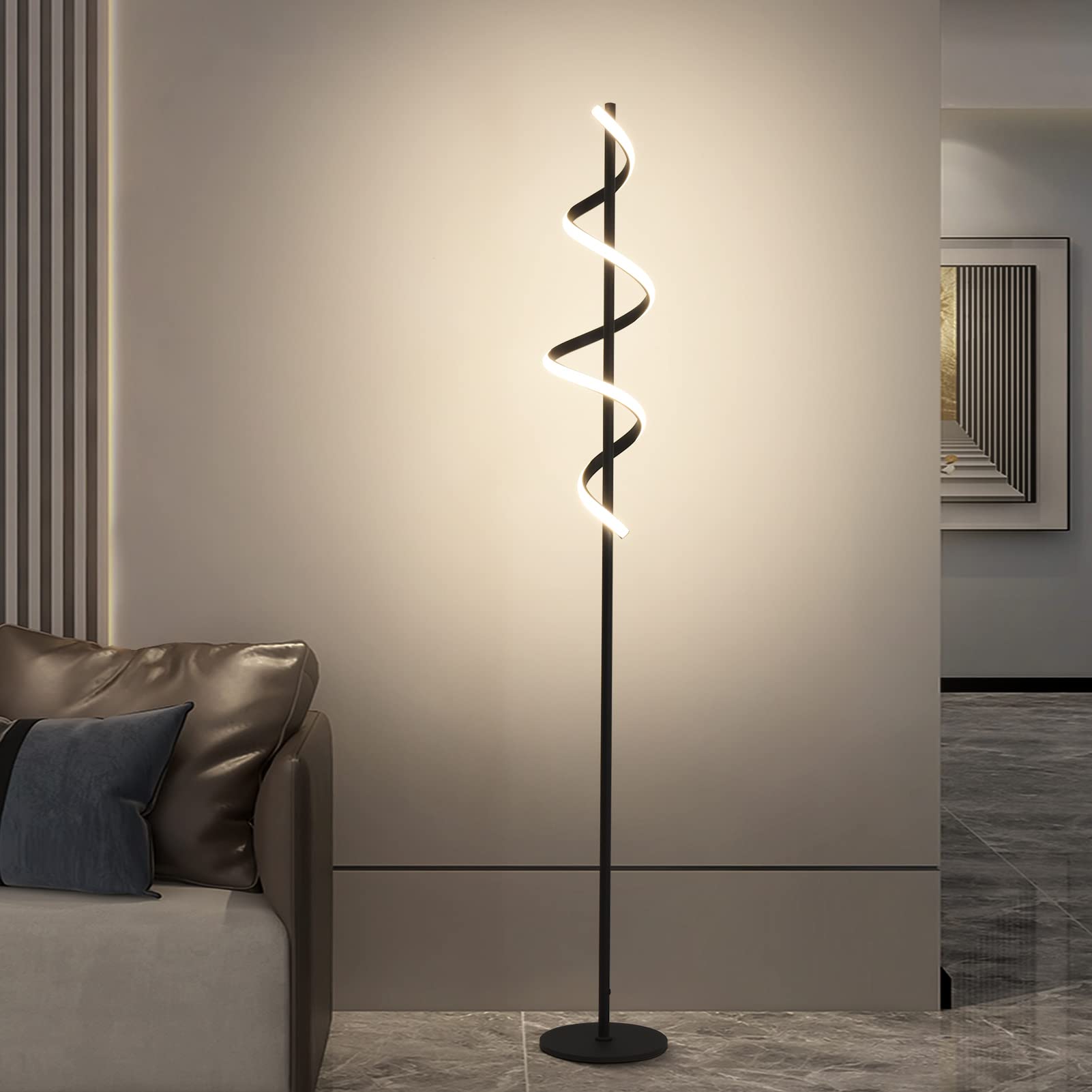 ZxWLife Floor Lamp, LED Modern Floor Lamps for Living Room, 2500LM-40W-3Color Bright Remote Dimmable Standing Lamp, Slim 63" Spiral Black Floor Lamp for Living Room Bedroom Office, Children's Room