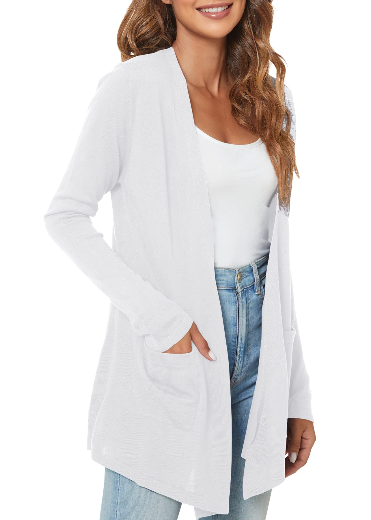 Urban CoCo Women's Long Sleeve Open Front Lightweight Cardigan Sweaters with Pockets (XL, White)