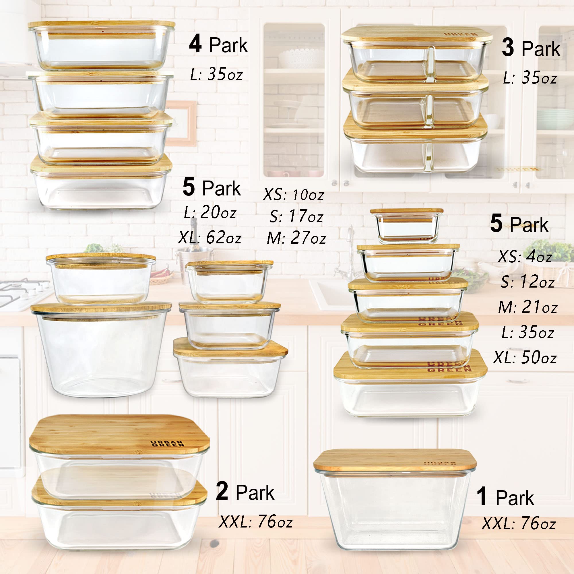 Urban Green Glass Container Bamboo Lids, Glass Food Storage Containers, Meal Prep Containers, Pantry and Cabinet Organization, Microwave-Oven-Freezer Safe Container, XXLarge Size, 76oz/2260ml, 2 Pack