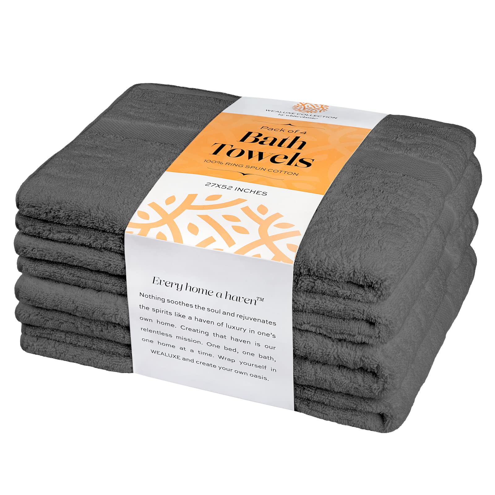 Wealuxe Charcoal Bath Towels Set of 4, Cotton Body Towel for Hotel, Gym, Spa, Soft Extra Absorbent Quick Dry Towels for Bathroom 27x52 Inch