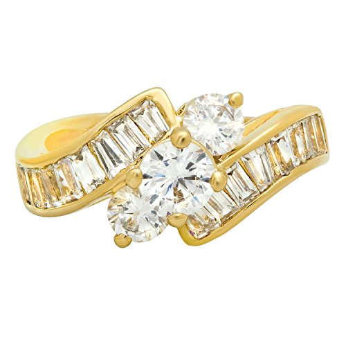 The Bling Factory 14k Gold Plated Cubic Zirconia Engagement Ring, 3-Stone Round + Channel Set Baguette CZs, Size 6
