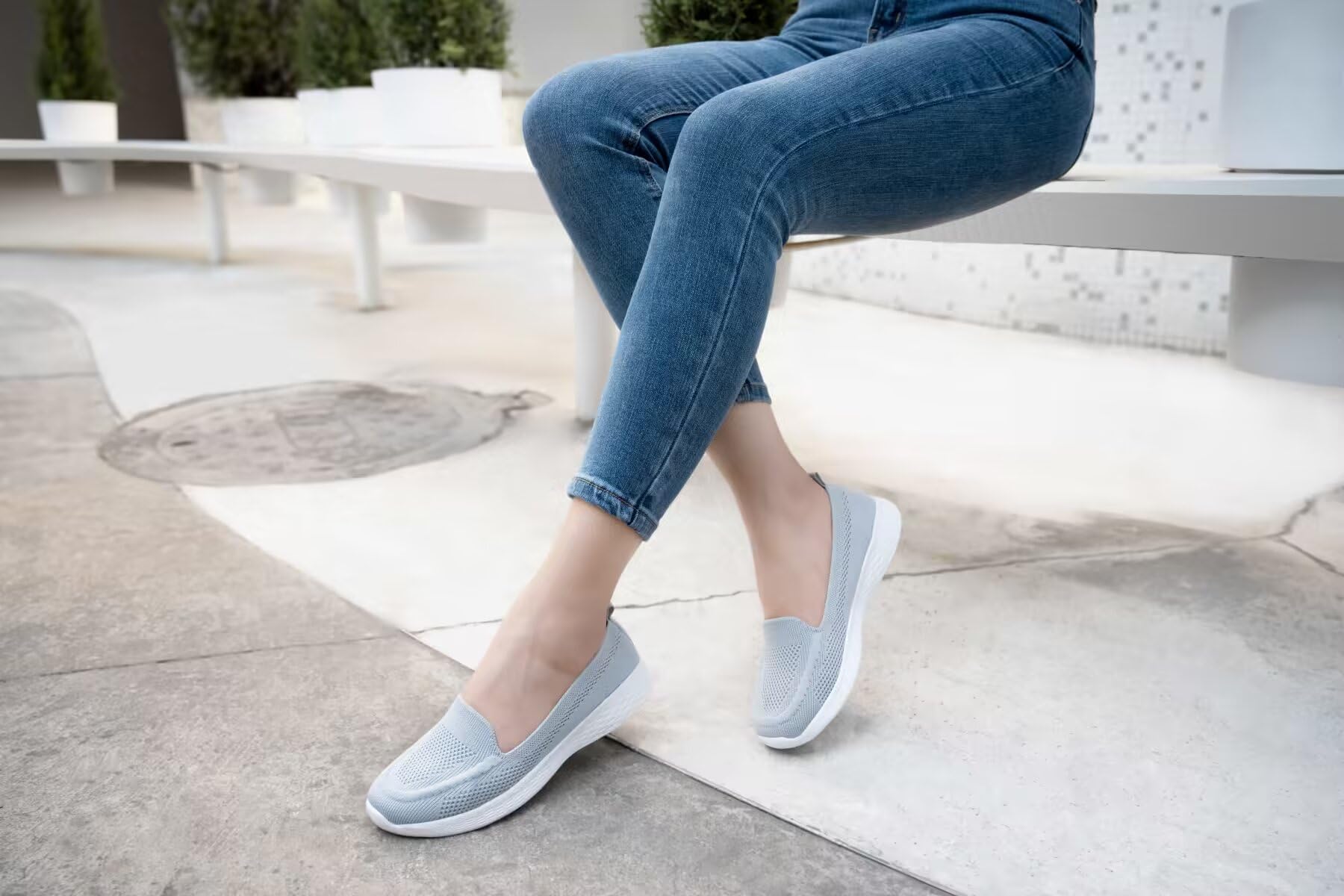 ZZS Womens Slip On Walking Shoes Lightweight Breathable Casual Low-Top Flats Memory Foam Mesh Loafers Soft Mesh Knit Comfortable Shoes,Light Grey 8
