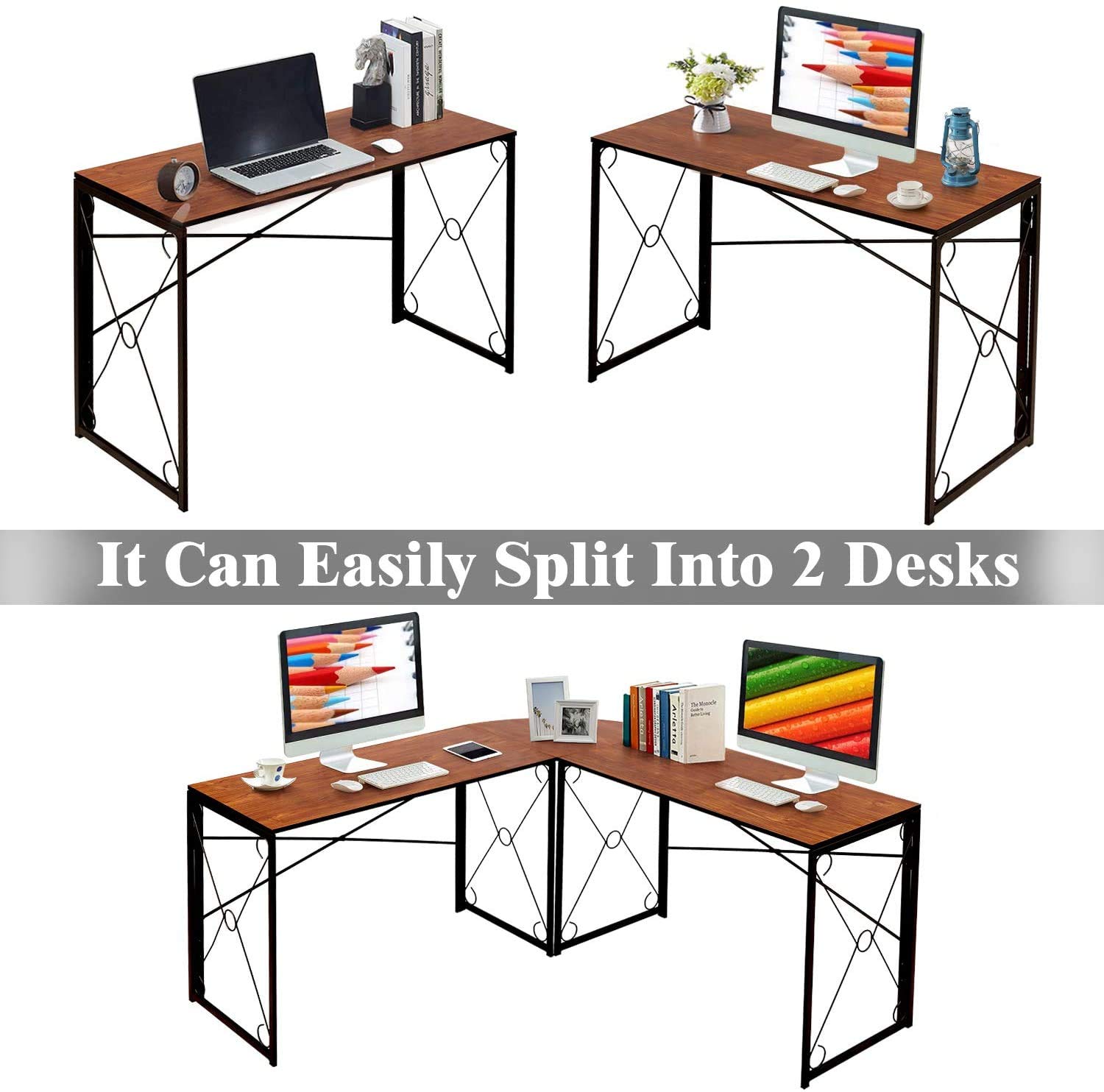 VECELO L Shaped Computer Corner Desk, 59ββx59ββ Large Industrial Home Office Workstation, Multi-Usage Long 2 Person Table, Easy Assembly/Saving Space, Steel Frame&Wooden Grain, Brown