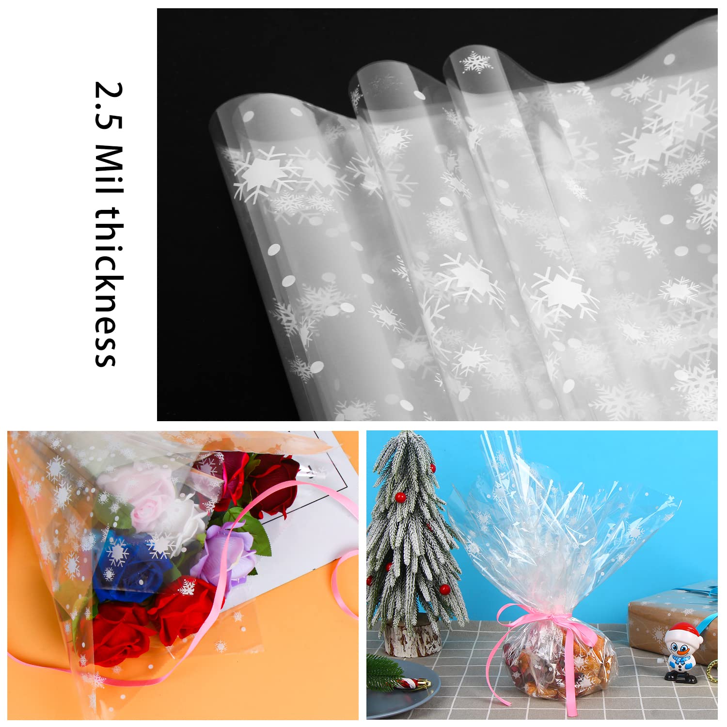 SULOLI Christmas Cellophane Wrap Roll - 32 In x 99 Ft Snowflakes Christmas Wrapping for Gifts Flowers Hampers Baskets
