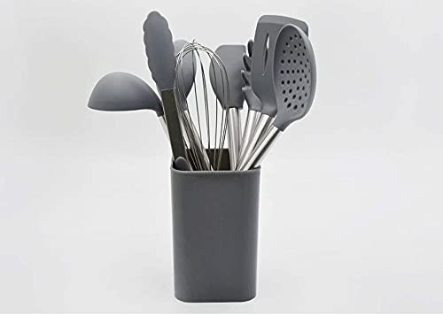 WERCHW Silicone Cooking Utensils Set, 8 Piece Black Kitchen Utensils Set with Holder, Kitchen Tools Spatulas with Stainless Steel Handle for Non-Stick Cookware, Heat Resistant & Dishwasher Safe
