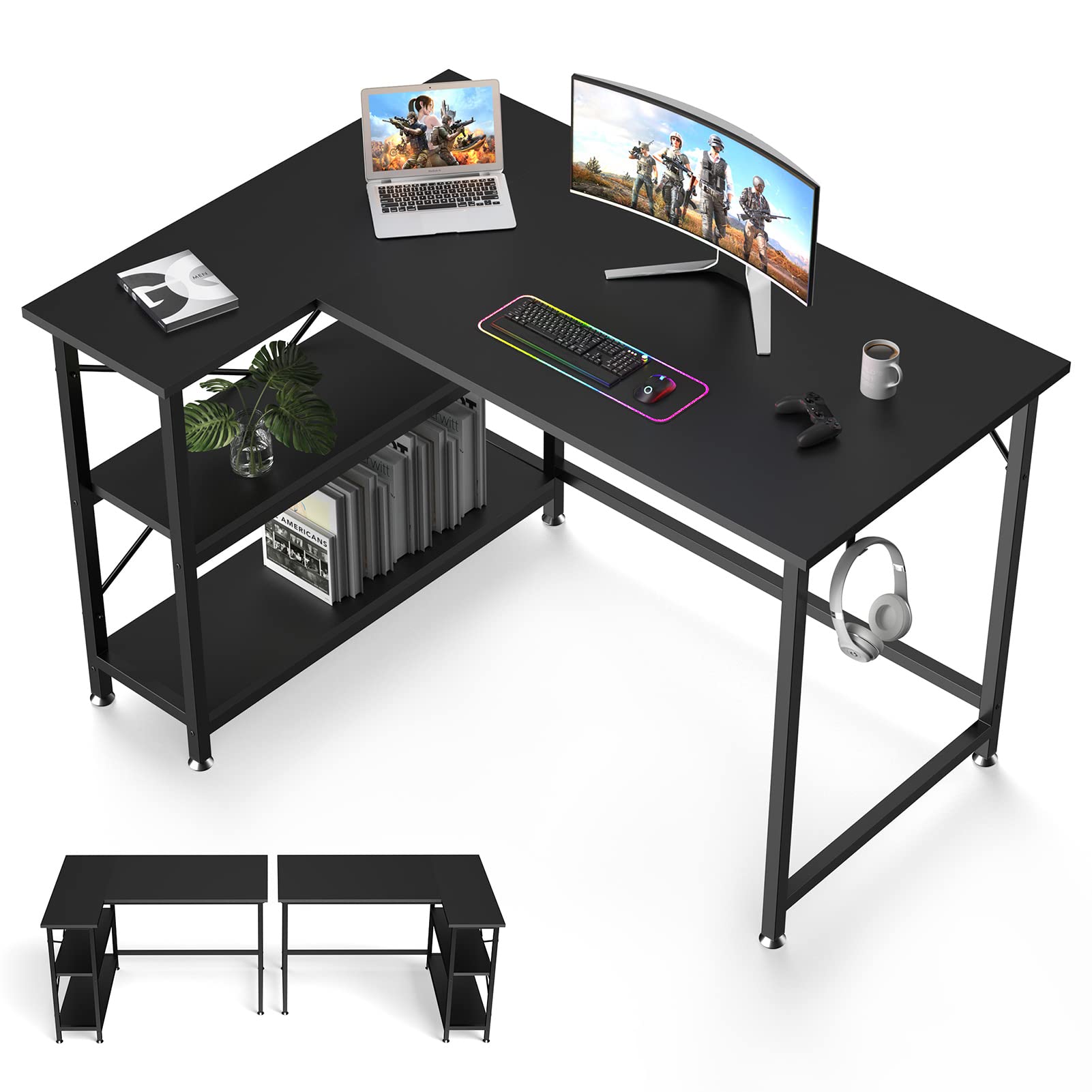 SunyesYo L Shaped Computer Desk 47 in - Small Office Home Gaming Desk with Storage Shelves - Study Writing Corner Table, Reversible Sturdy Workstation, Work PC Desk, Classic Black