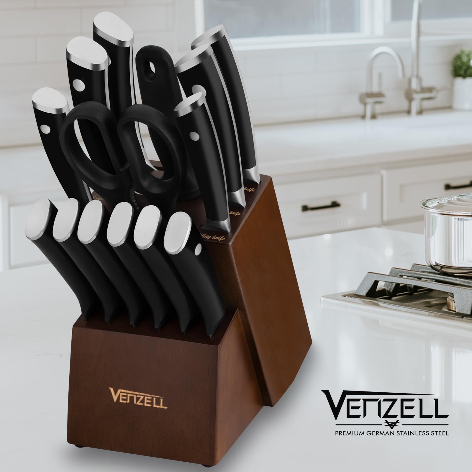 VENZELL 15 pcs Knife Set with Block, Premium Quality High Carbon Stainless Steel Kitchen Knife Set