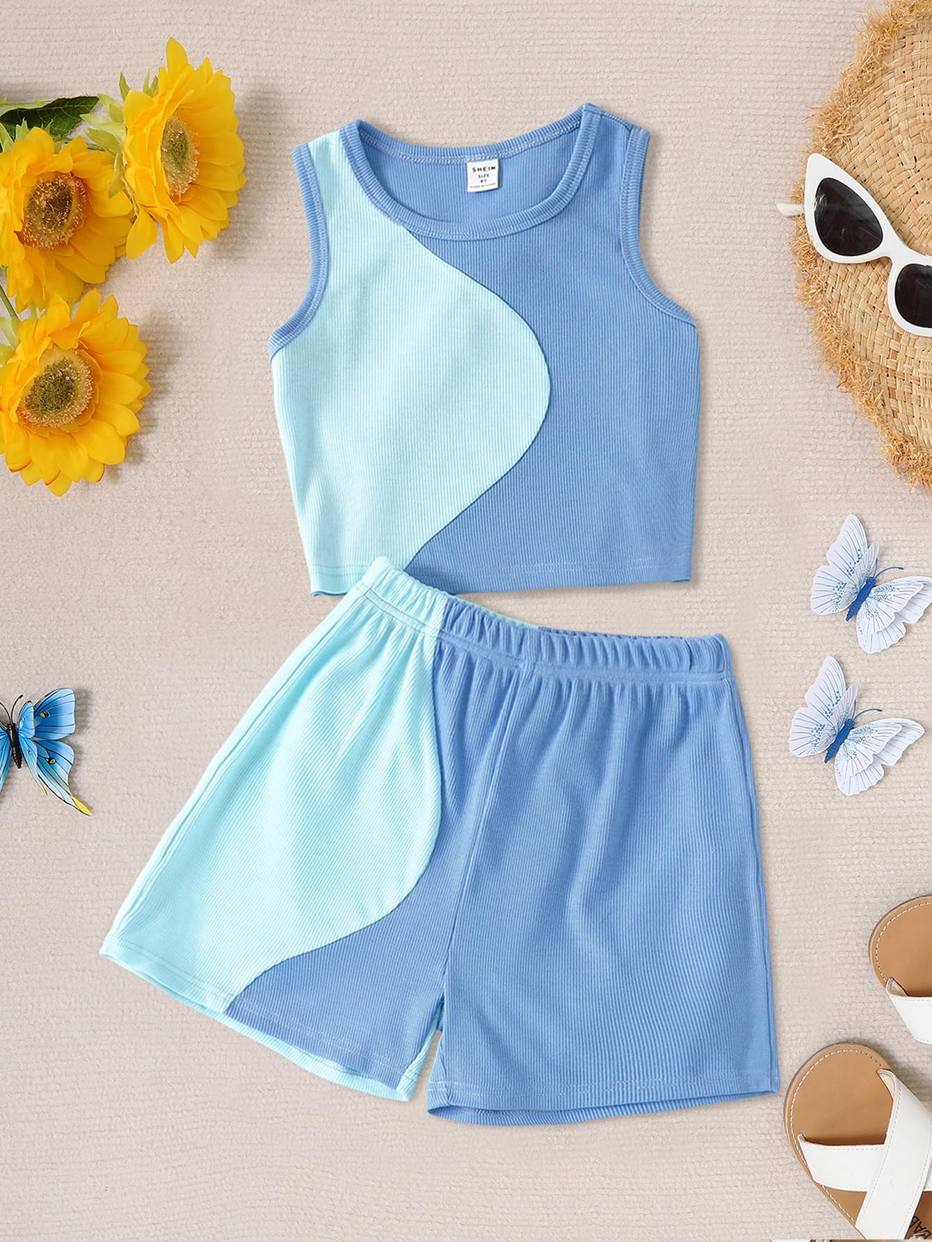 Verdusa Girl's 2 Piece Workout Outfit Colorblock Crop Tank Top and Short Sets Blue 9Y