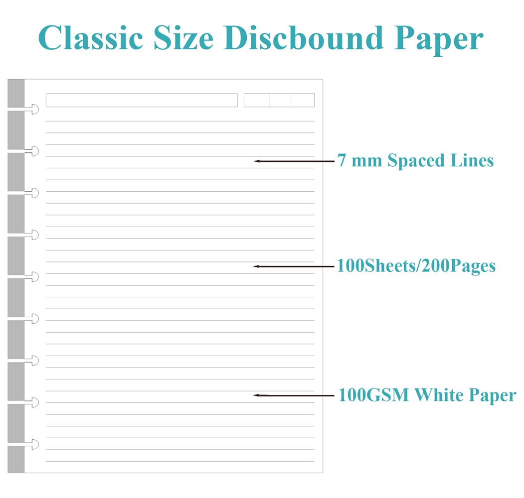 ZGMJ Classic Size Discbound Lined Refill Paper, 9-Disc Discbound Pre-punched Happy Planner Inserts, 100Sheets/200Pages Loose-Leaf Paper, 100gsm White Paper, 7x9.25 in