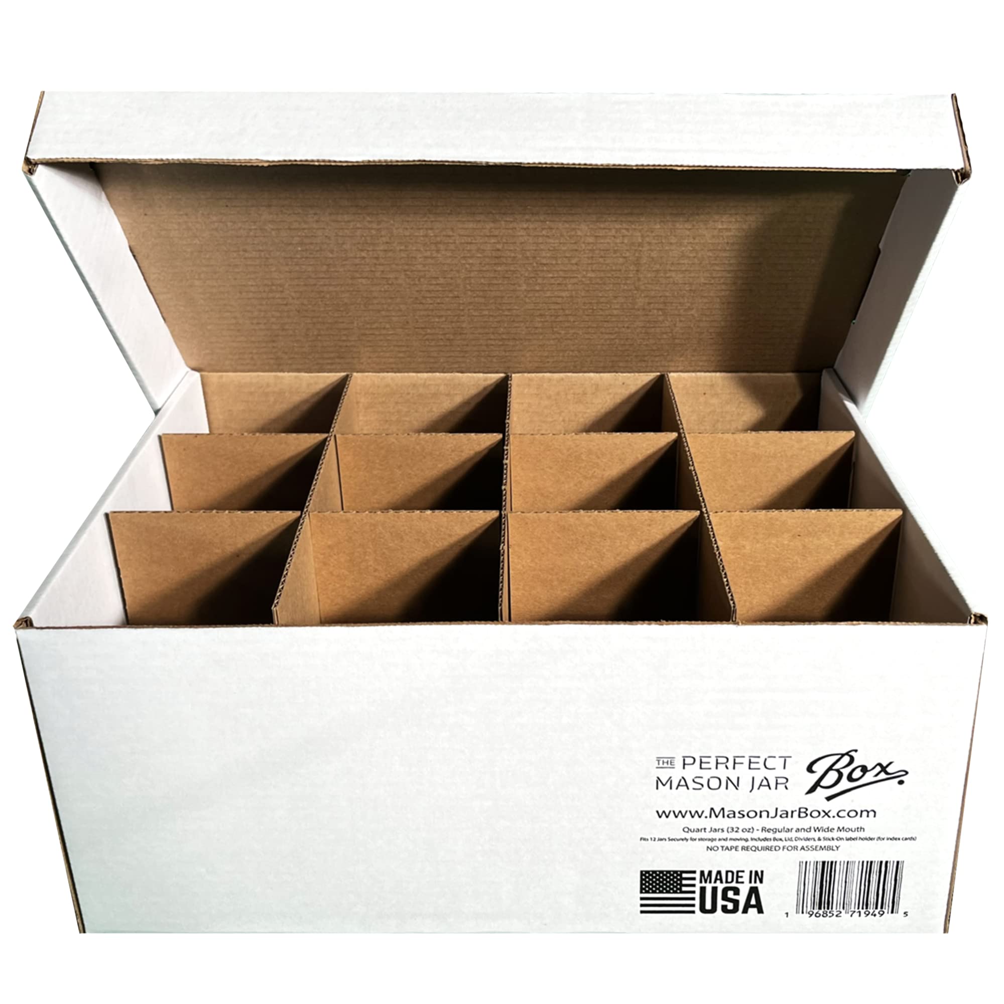 The Perfect Mason Jar Box - Quart | set of 3 cardboard canning jar storage boxes - Each box holds 12 quart size jars (32 ounces) regular or wide mouth | No tape required, stackable | Storage or Moving