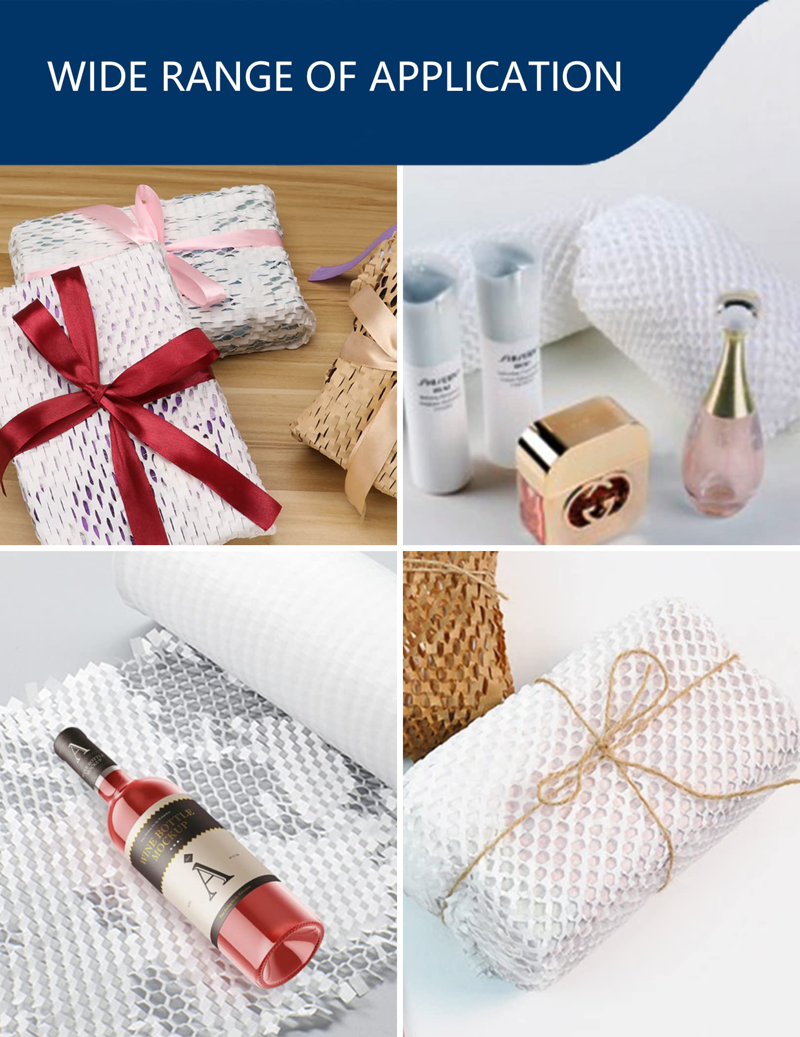 White Honeycomb Packing Paper Wrap 15" * 164ft Recycled Cushion Wrapping Roll, Sustainable Alternative to Bubble Cushioning Wrap Packing, for Moving Supplies or Shipping, Packing Roll