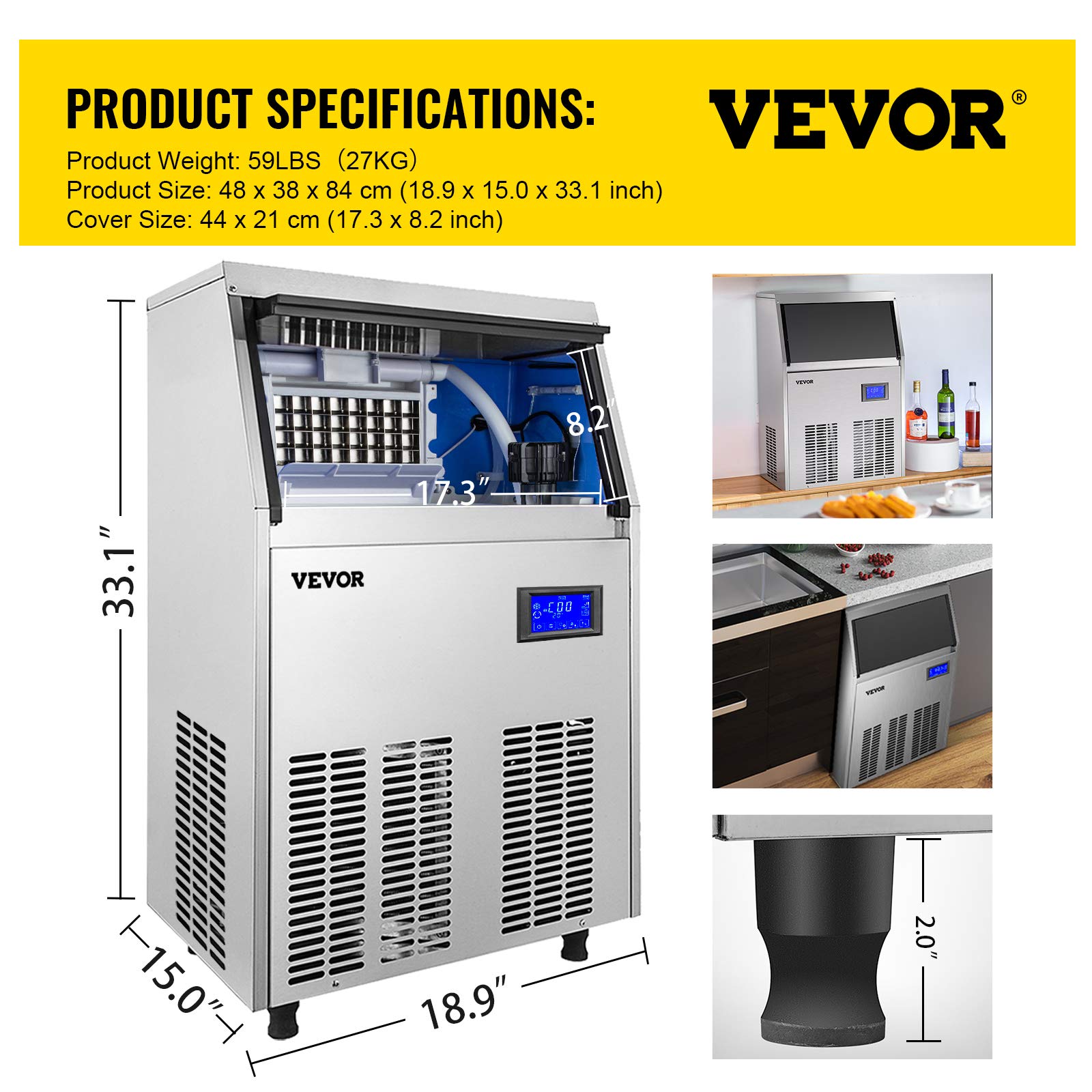 VEVOR Commercial Ice Maker Machine, 130LBS/24H with 33LBS Bin and Electric Water Drain Pump, Stainless Steel Construction, Auto Operation, Include Water Filter 2 Scoops and Connection Hose