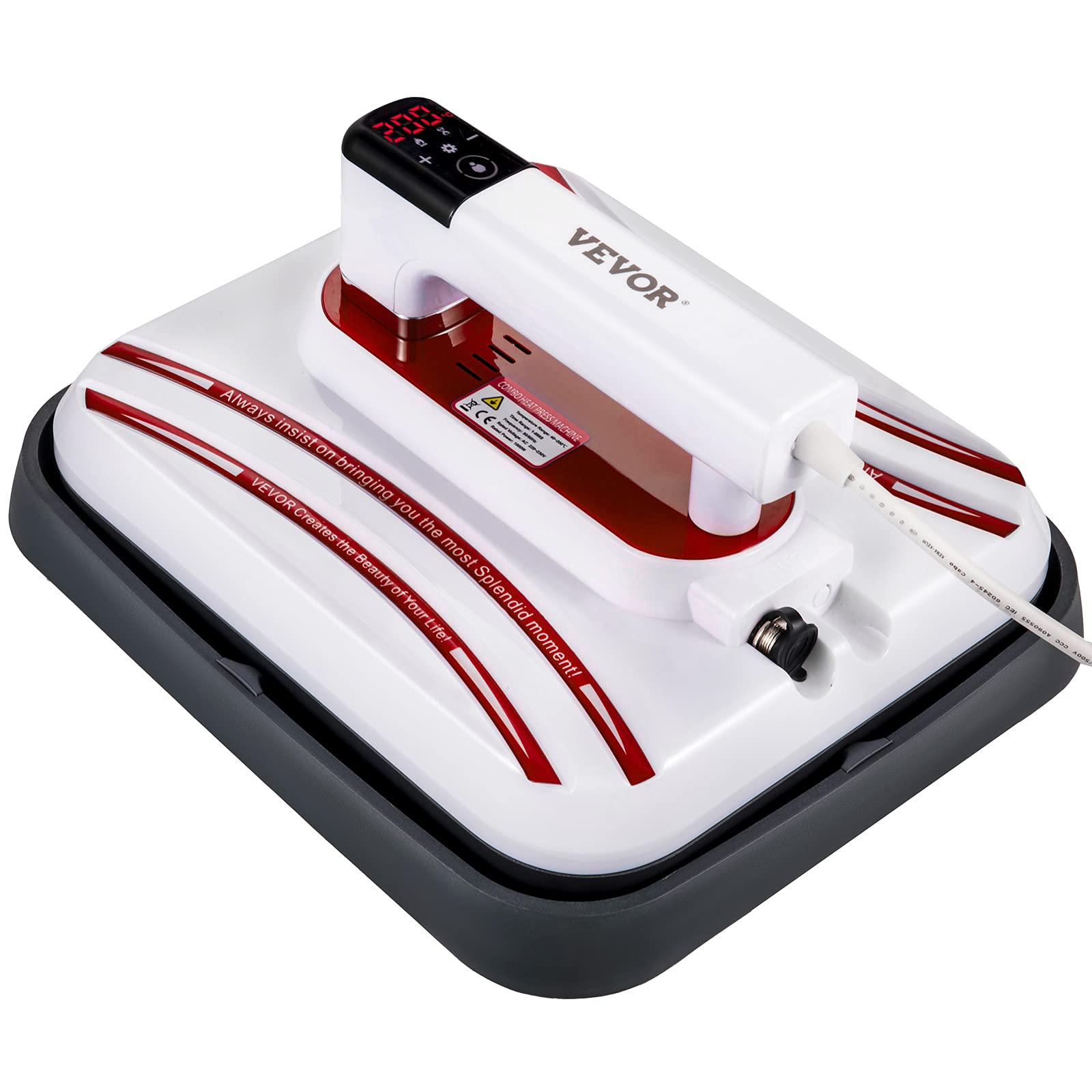VEVOR Heat Press 12 x 10 Inch Easy Press 800W 4 in 1 Red Portable Easy Mini Press Vibration Function Press Machine Double-Tube Heating Mini Press for Mugs & Caps with Highly-Sensitive Touch Screen