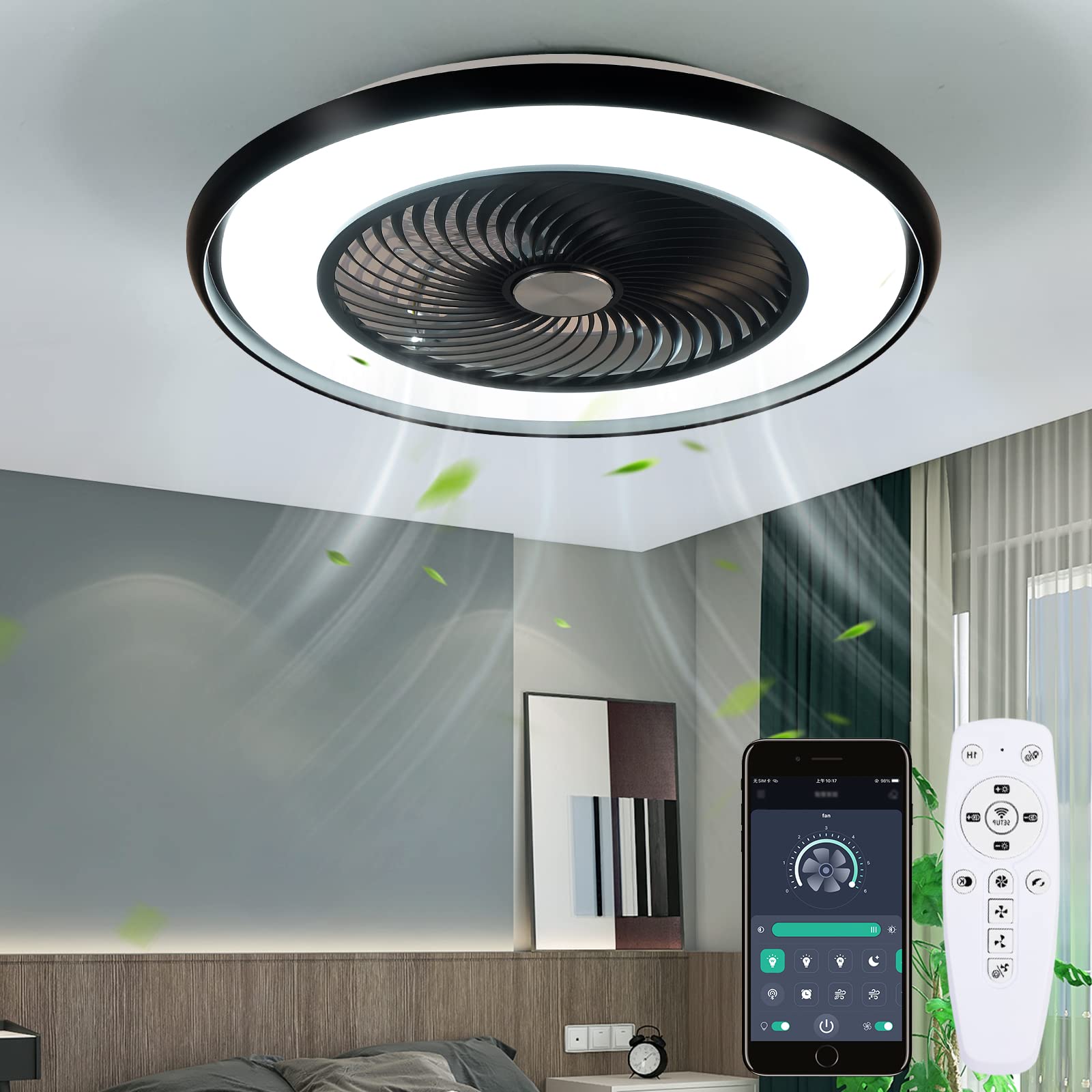 Surtime Ceiling Fans with Lights and Remote Control,Modern Low Profile Bladeless Small Ceiling Fan for Bedroom,22" Flush Mount Enclosed Ceiling Fans