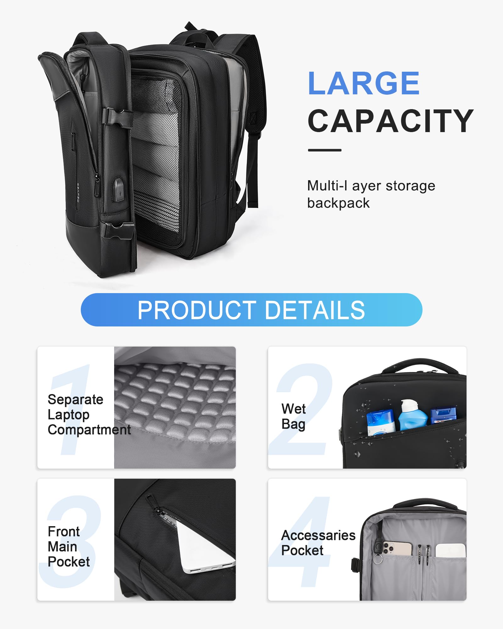 VECAVE Travel Backpack for Women Men,Carry On Backpack,Expandable Airline Airplane Approved Weekenders Backpack,Fit 15.6 Inch Laptop Waterproof 40L Travel Backpack Black