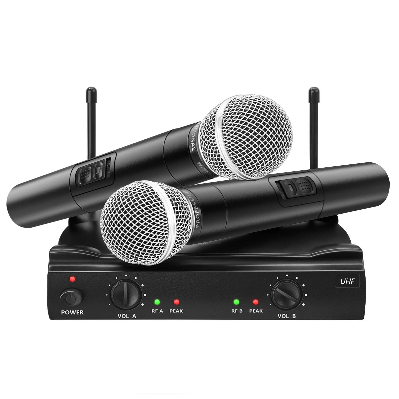 VHF Wireless Microphone System, Dual Channel Handheld Wireless Microphone with Professional Karaoke Receiver and 2 Handheld Dynamic Mics Set, for Home Party, KTV, Business Meeting, Wedding, Church